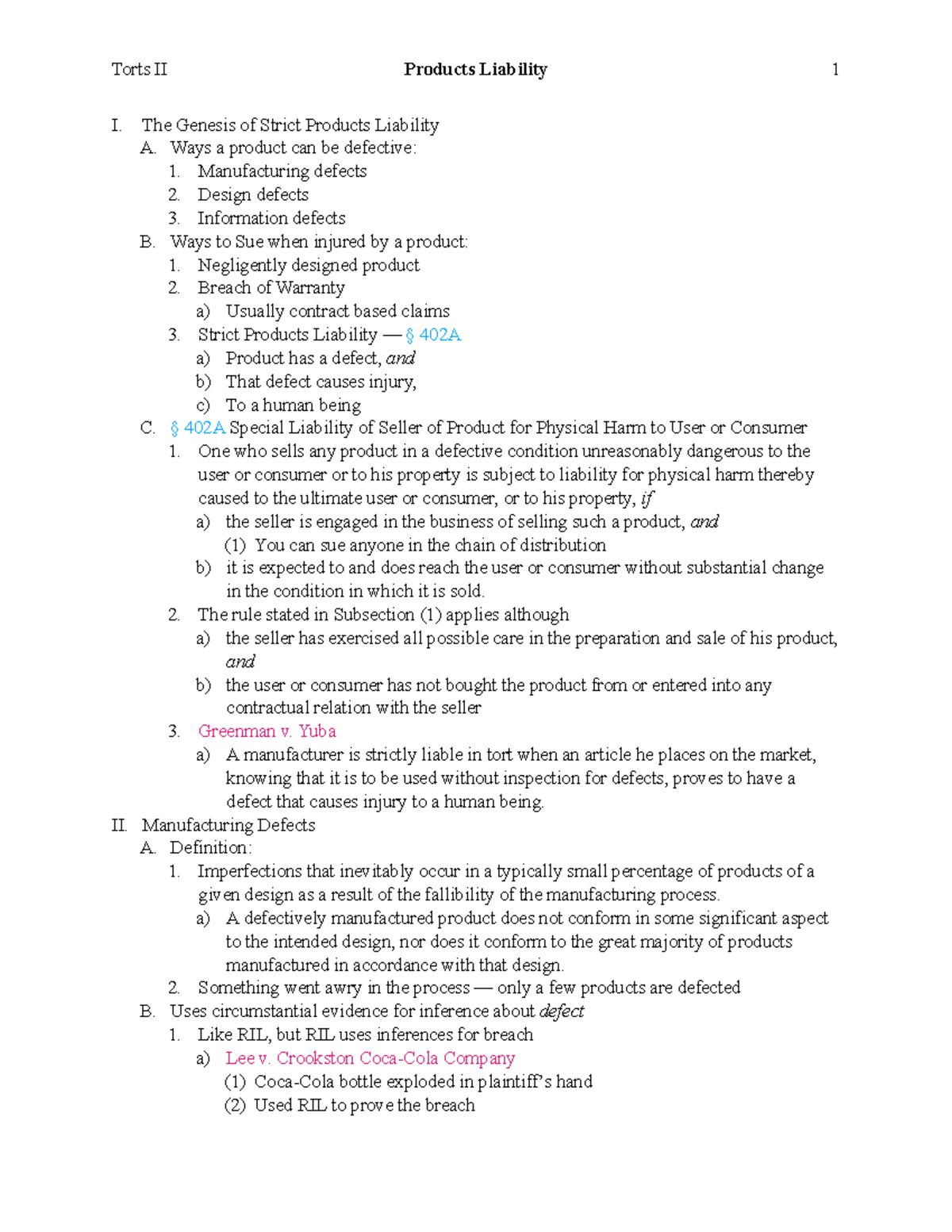 Products Liability Outline - I. The Genesis of Strict Products ...