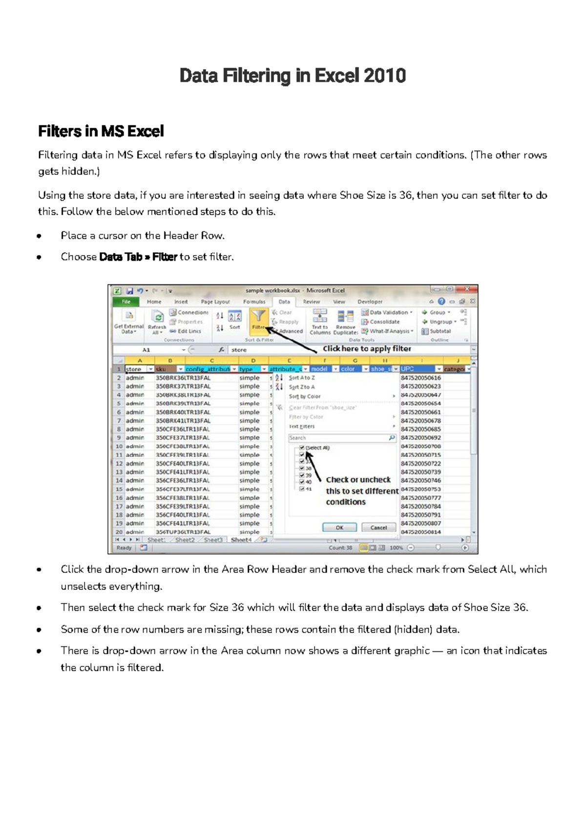 Ms Excel Basic Advancend Operations 1 Data Filtering In Excel 2010