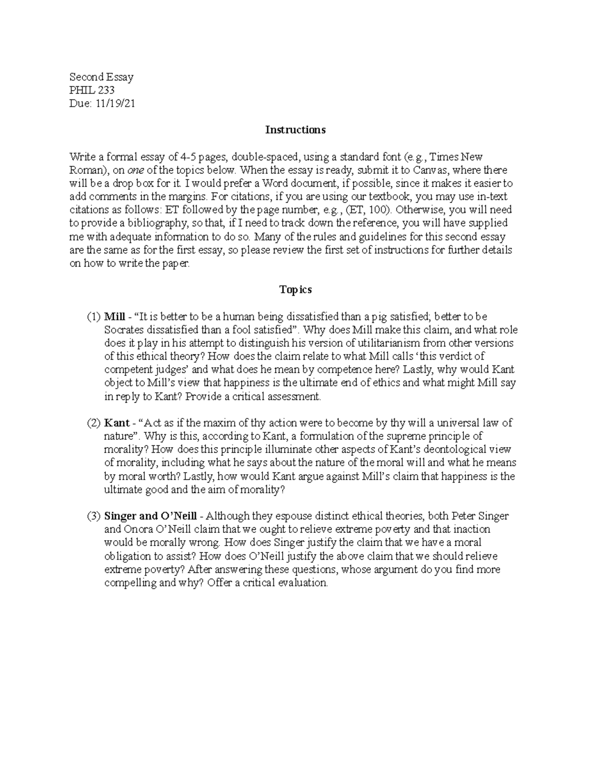 Topics for Second Essay PHIL 233 - Second Essay PHIL 233 Due: 11/19 ...