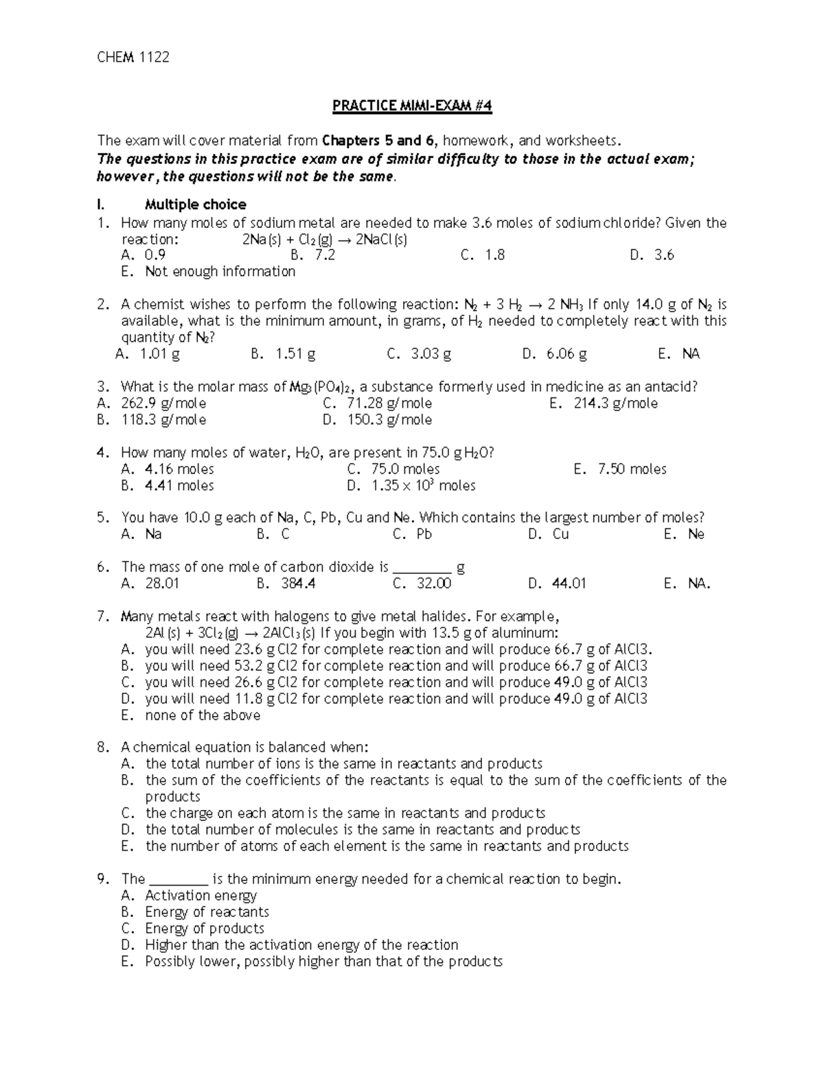 Practice Mini-Exam 4-1122-F22 - PRACTICE MIMI-EXAM The exam will cover ...
