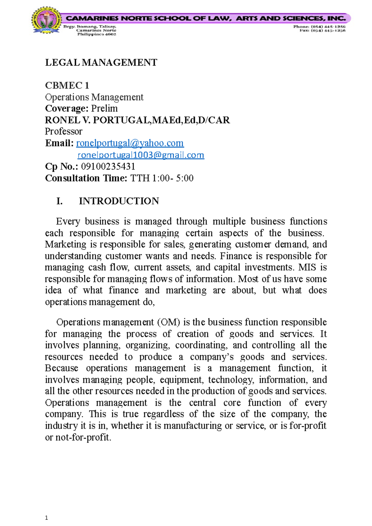 Prelim Operations Management - LEGAL MANAGEMENT CBMEC 1 Operations Management Coverage: Prelim ...