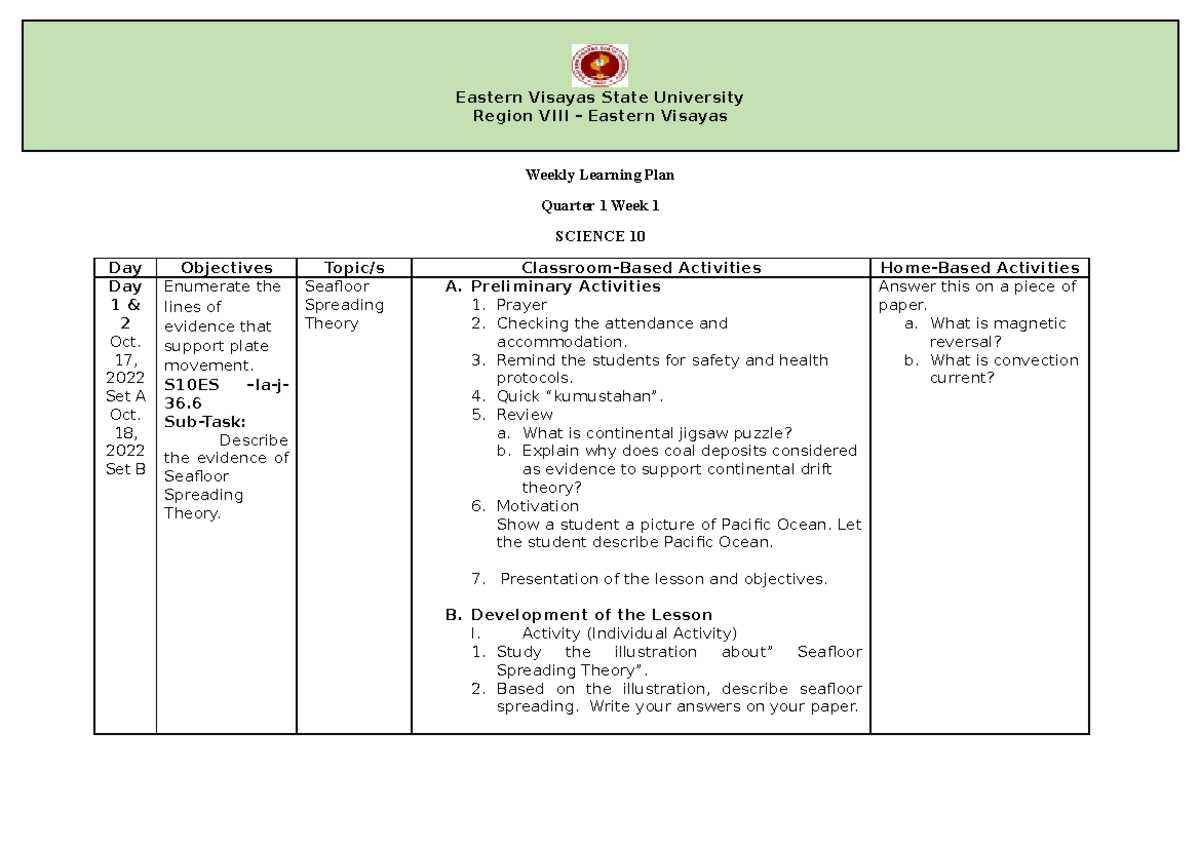 Weekly Learning Plan Diana - Weekly Learning Plan Quarter 1 Week 1 ...