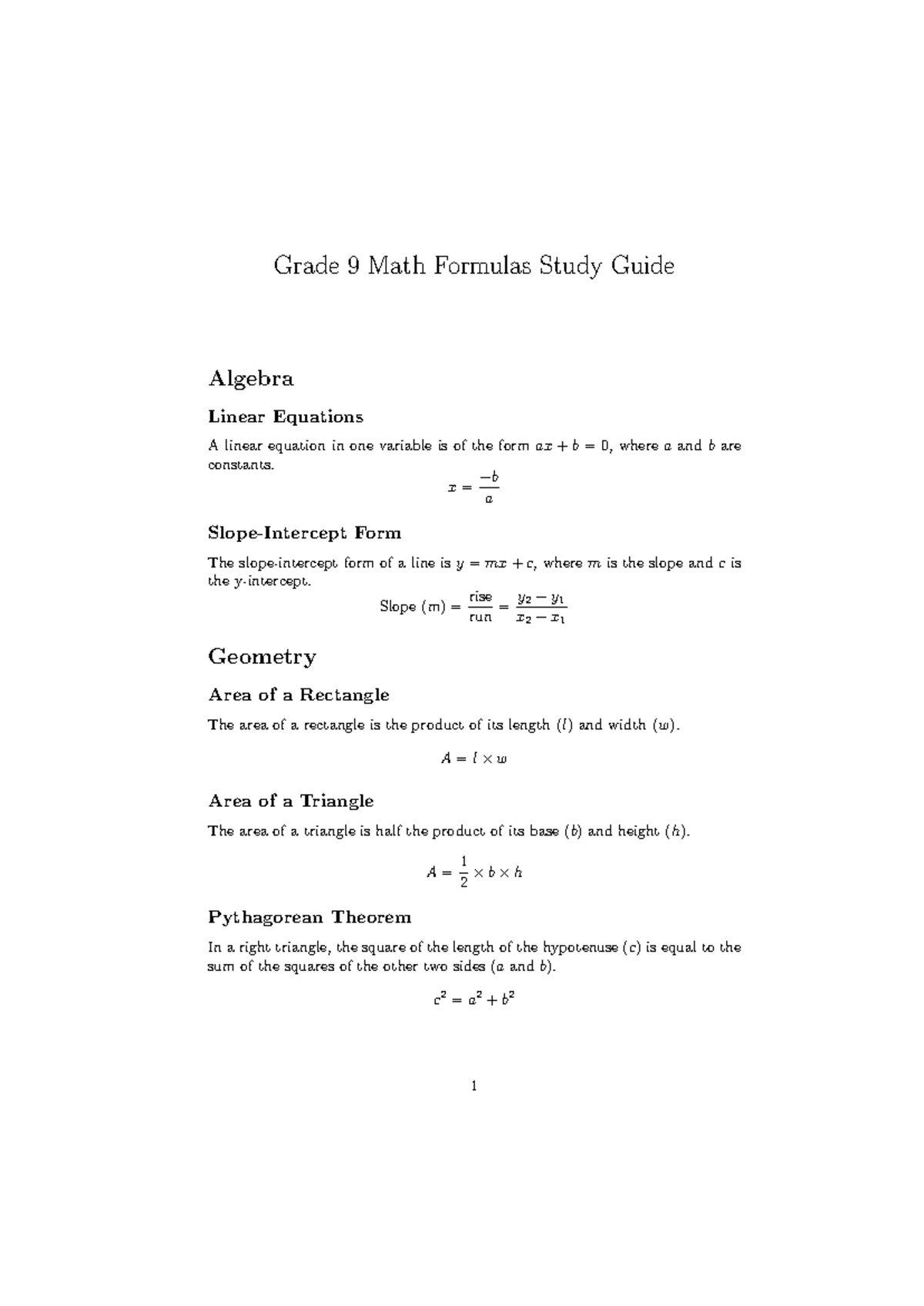 Grade 9 Math Formulas Study Guide - Grade 9 Math Formulas Study Guide ...