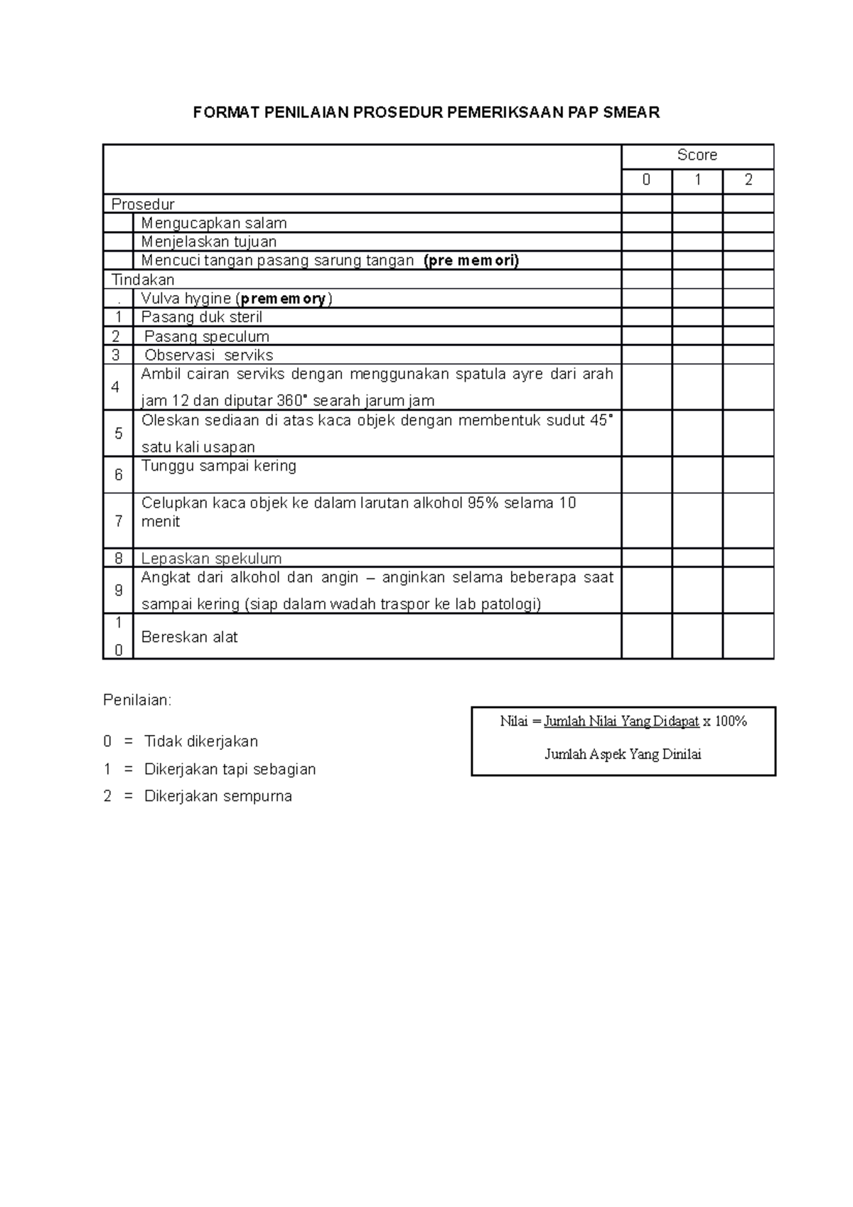 Format Penilaian Prosedur Pemeriksaan PAP Smear - FORMAT PENILAIAN ...