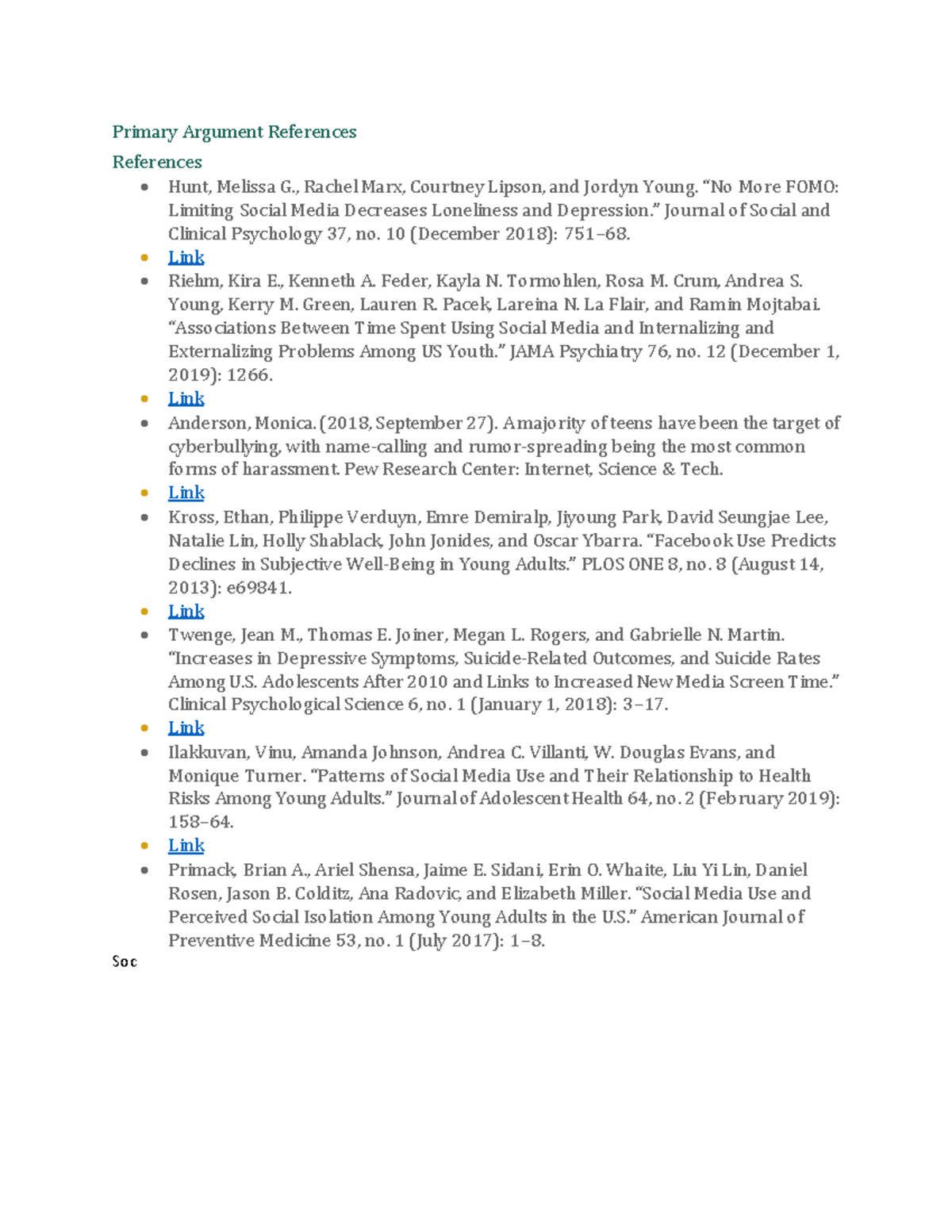 References For Social Media Topic For Final Project - Primary Argument ...