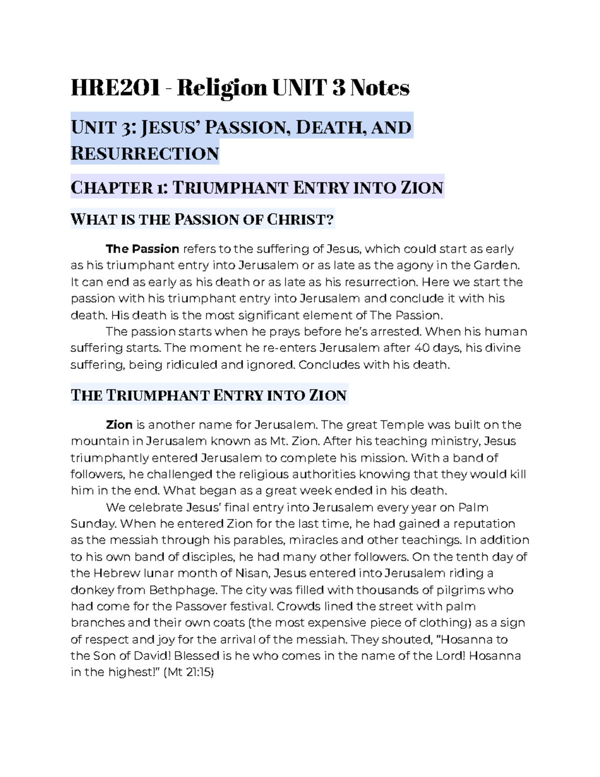 HRE2O1 - Religion UNIT 3 Notes - It can end as early as his death or as ...