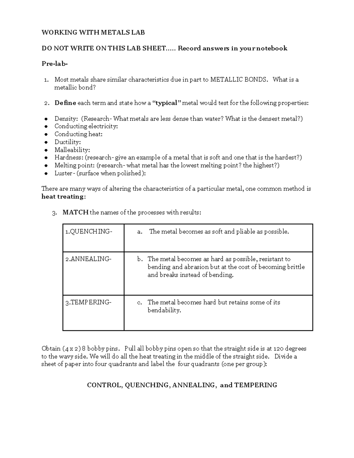 Metallic Bonds Lab simple v21 - WORKING WITH METALS LAB DO NOT WRITE ON ...