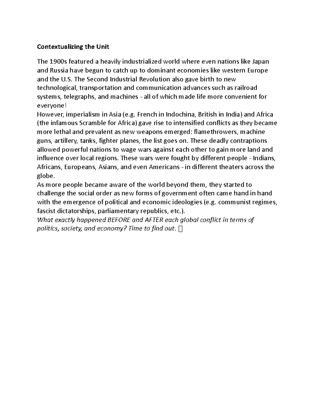 Unit 7 Overview- Global Conflict - Contextualizing the Unit The 1900s ...
