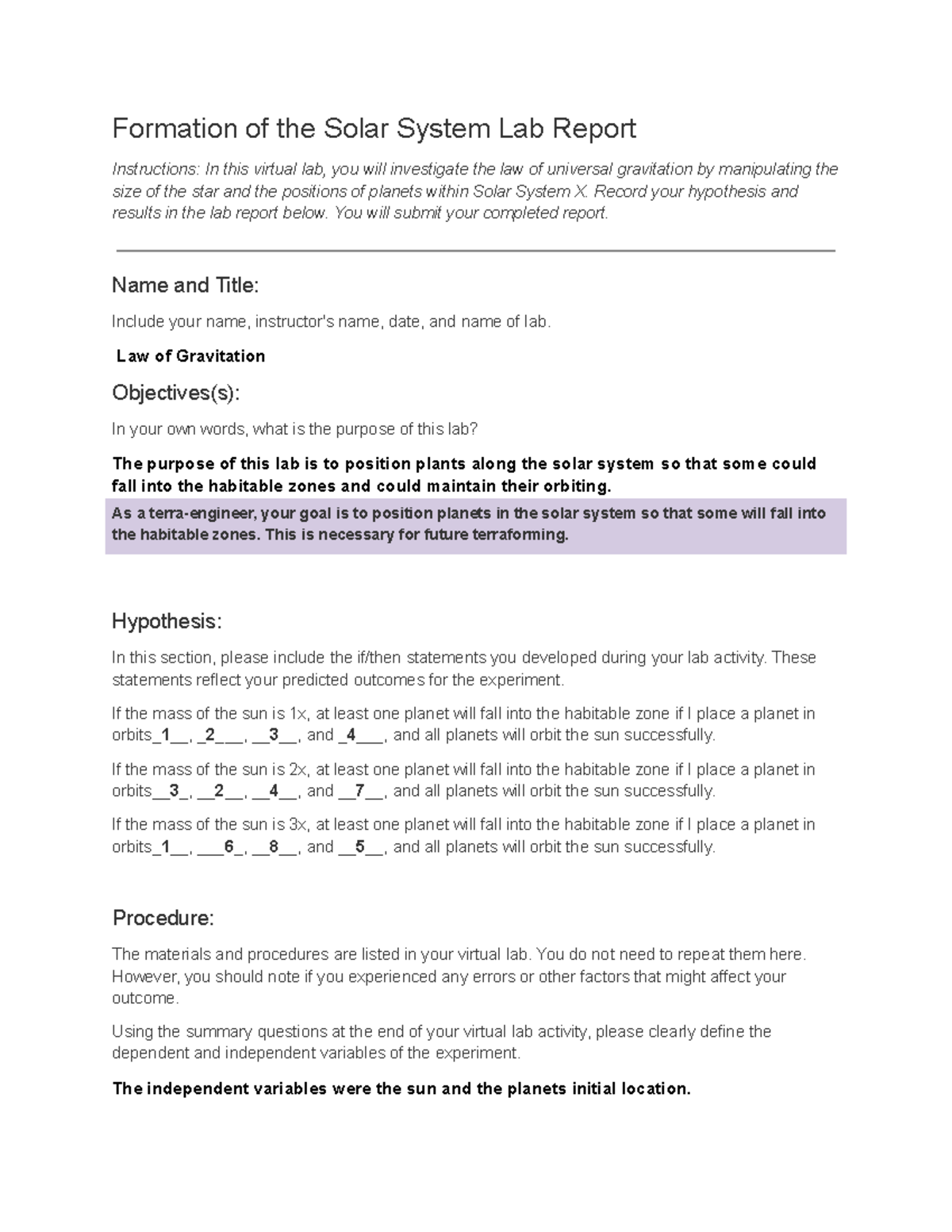 Law of Gravitation Lab Report - Formation of the Solar System Lab ...