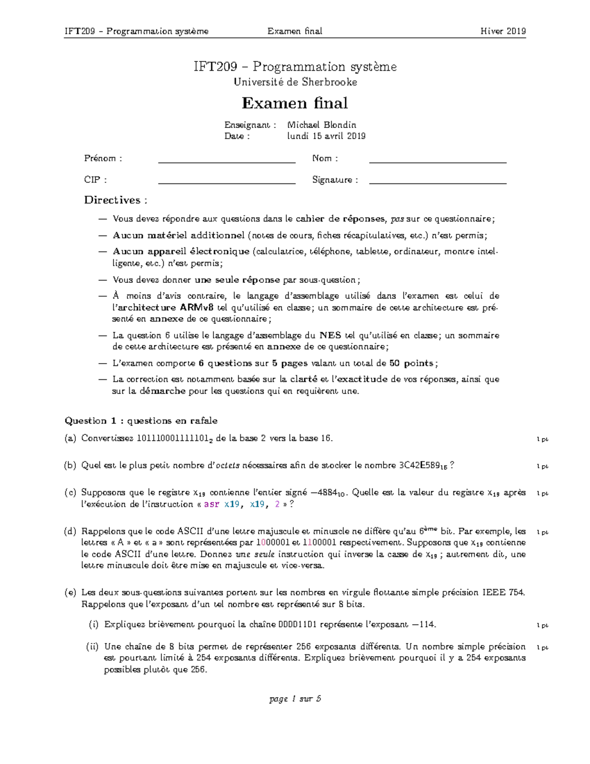 Final h19 - IFT209 – Programmation système Examen final Hiver 2019 ...