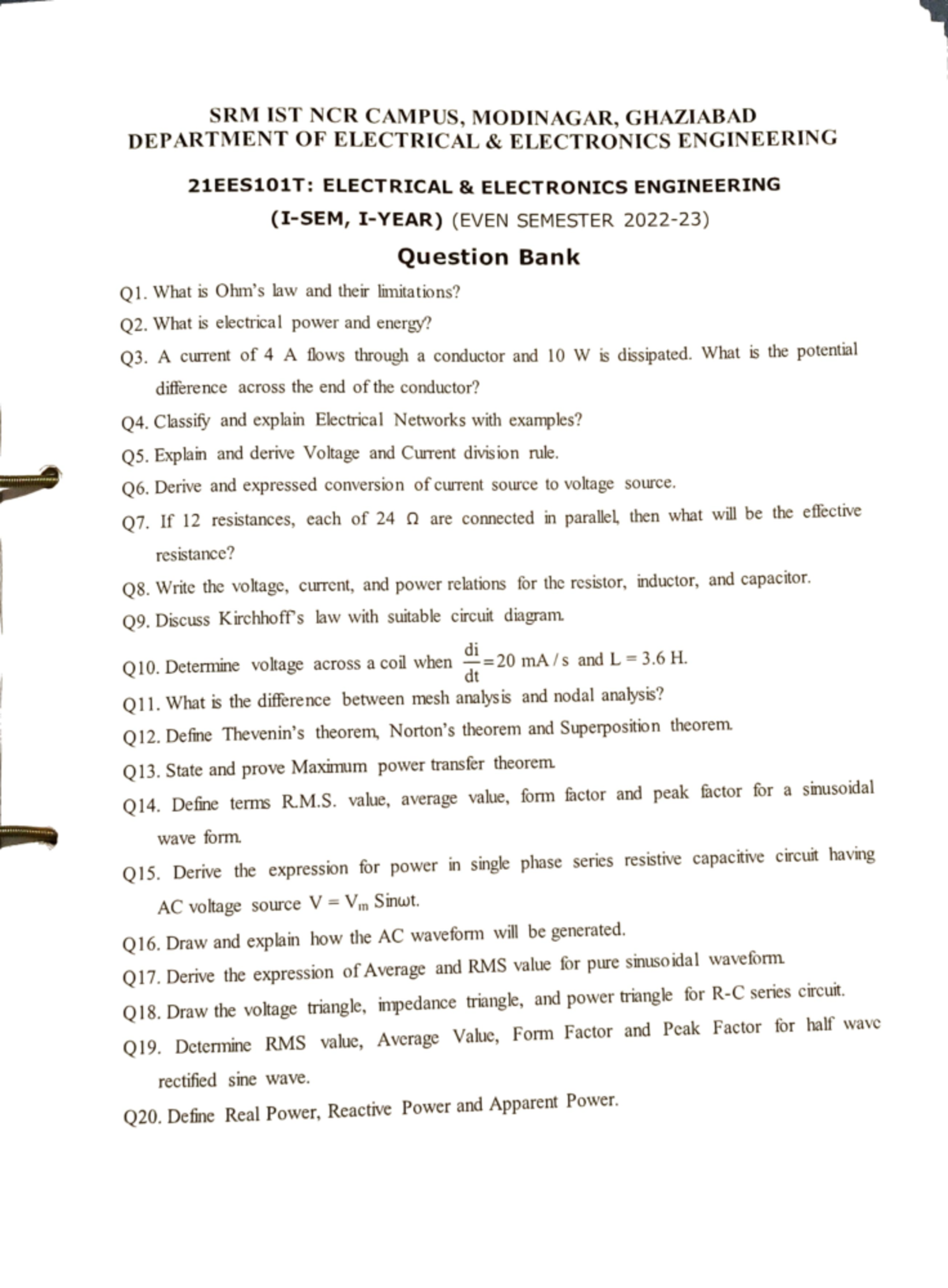 Question Bank (EEE-21EEE101T) - Electronic and electrical engineering - Studocu