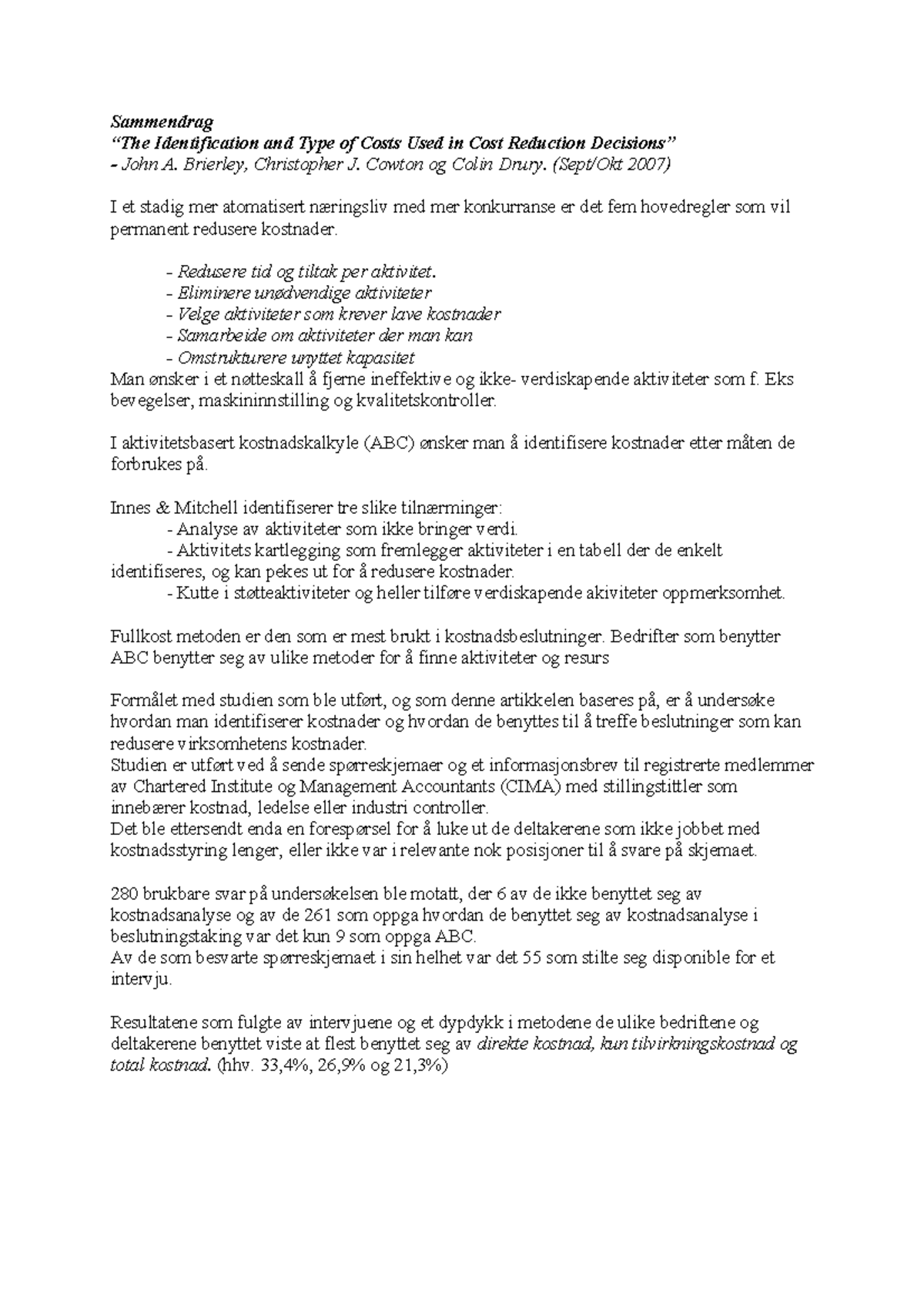 Identification and type of costs - Brierley, Christopher J. Cowton og ...