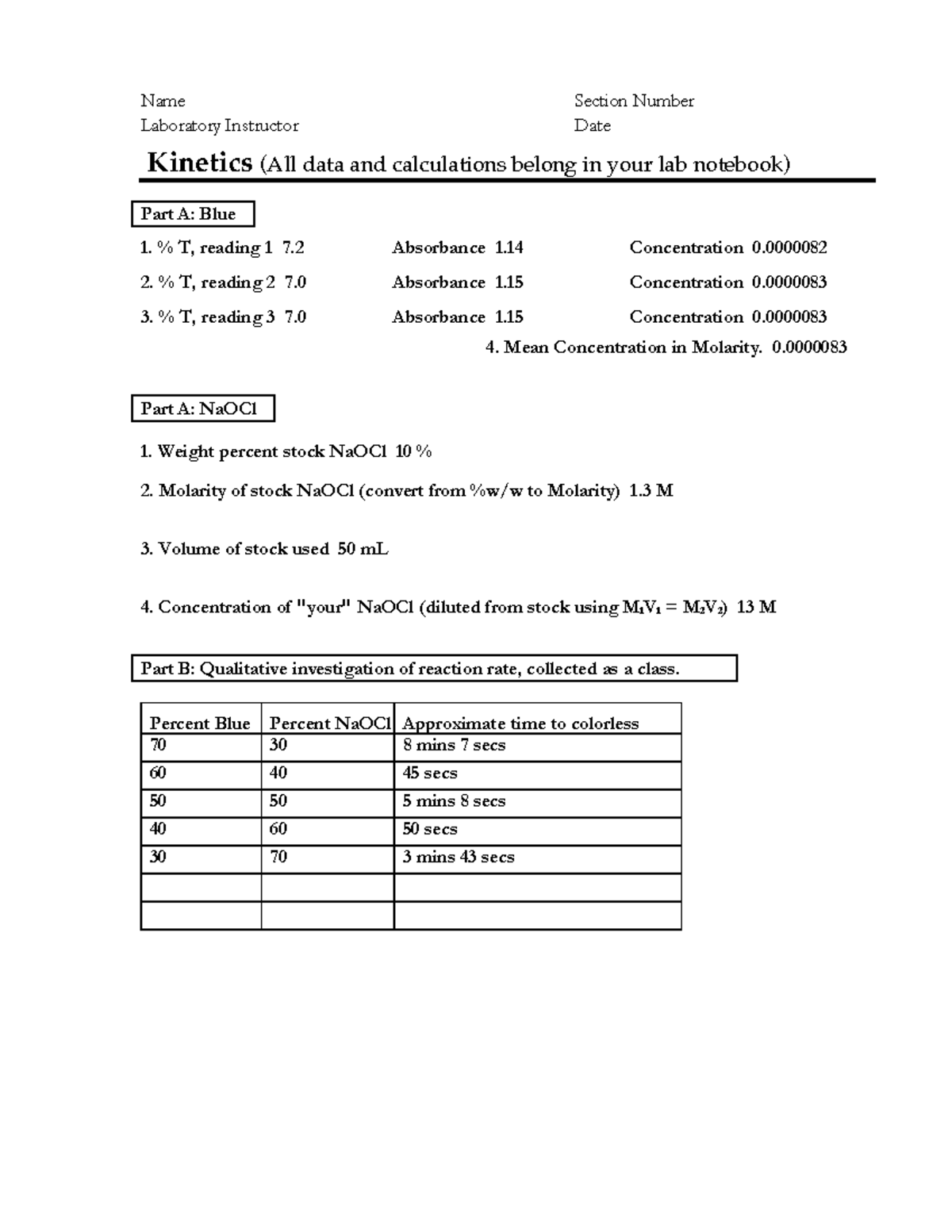 KINETIC SUBMISSION DOCUMENT - Name Section Number Laboratory Instructor ...