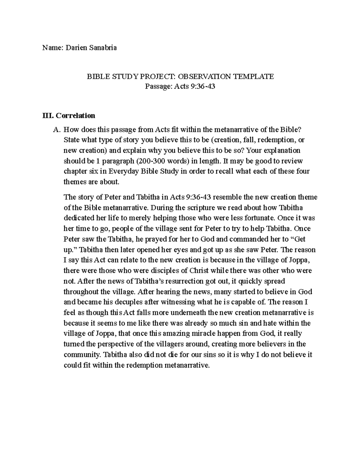 Bible Study Project Observation - Name: Darien Sanabria BIBLE STUDY ...