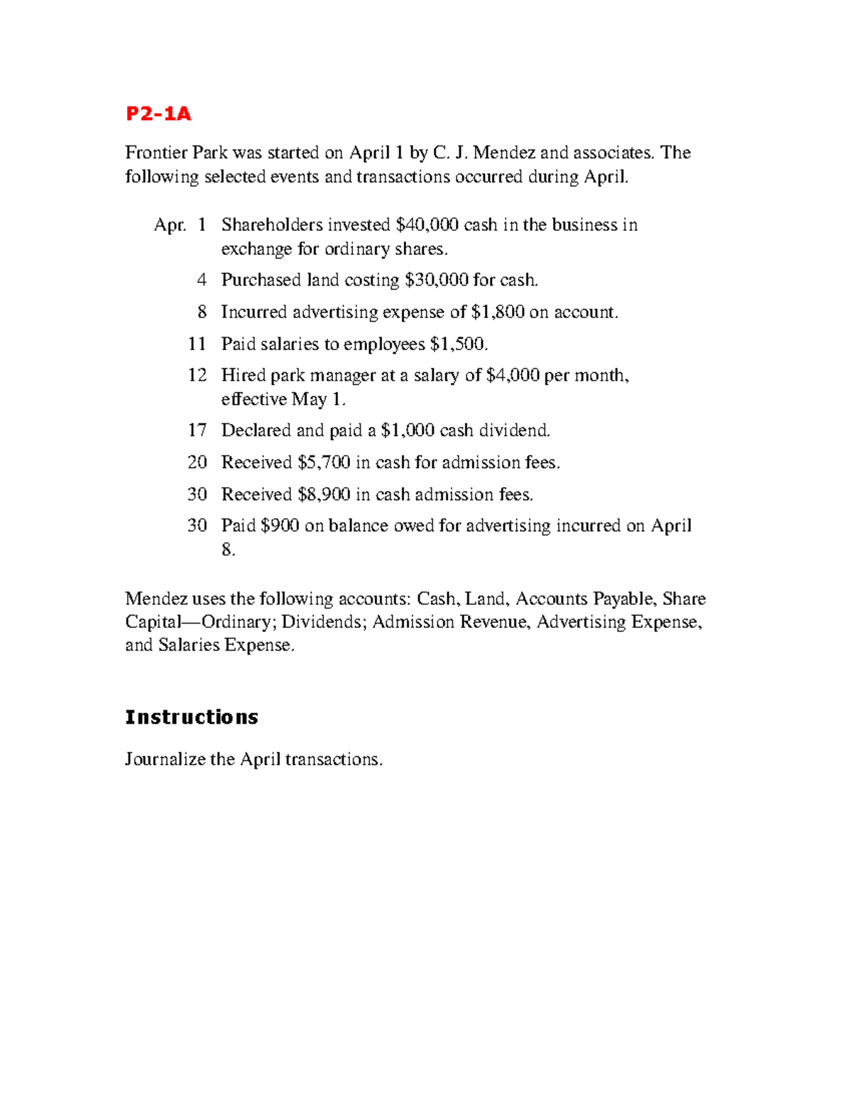 Chapter 3 exercises and solutions - ####### P2-1A Frontier Park was started on April 1 by C. J ...