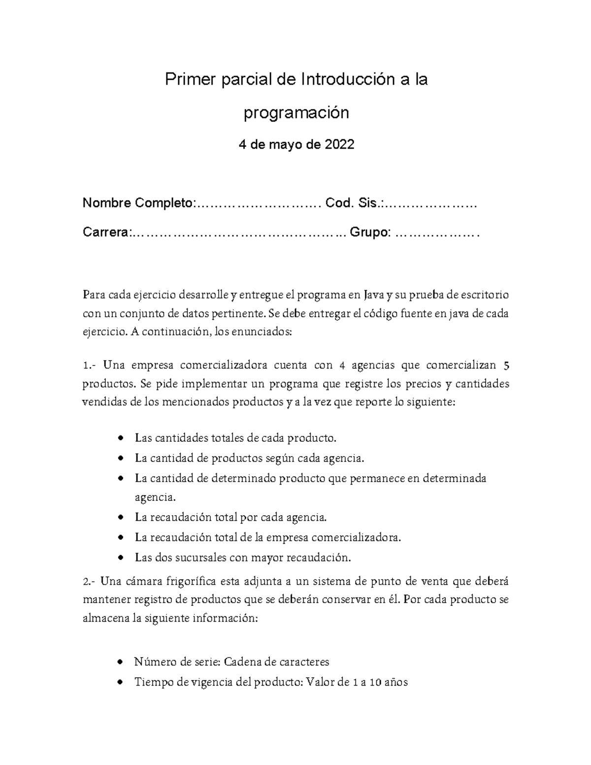 Examen Programacion - Primer parcial de Introducción a la programación ...