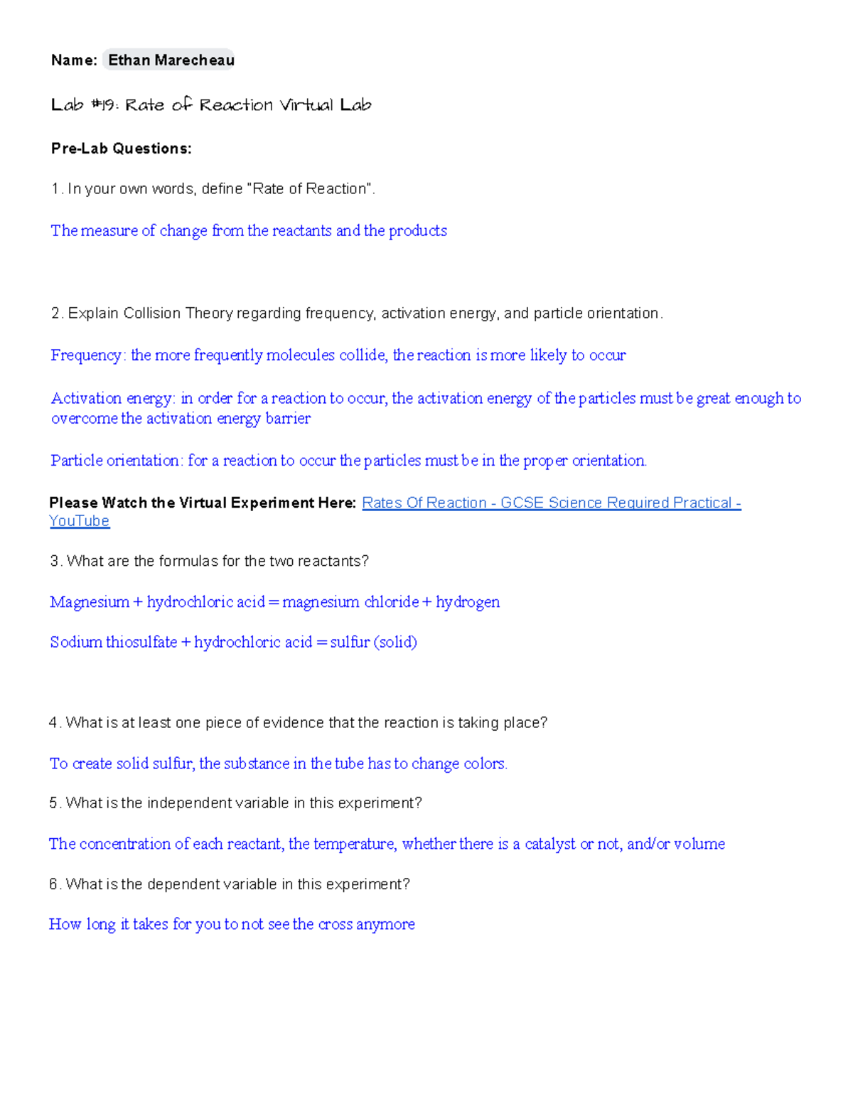 Rate of Reaction Virtual Lab - Name: Ethan Marecheau Lab #19: Rate of ...