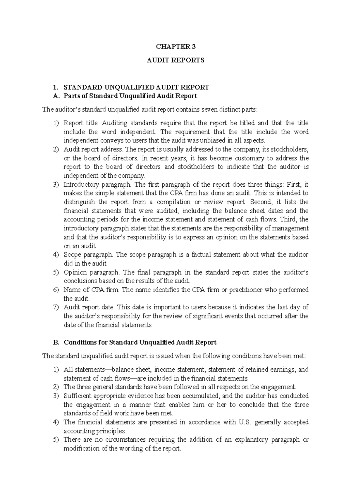 Resume topic 3 - dfsddv - CHAPTER 3 AUDIT REPORTS 1. STANDARD UNQUALIFIED AUDIT REPORT A. Parts ...