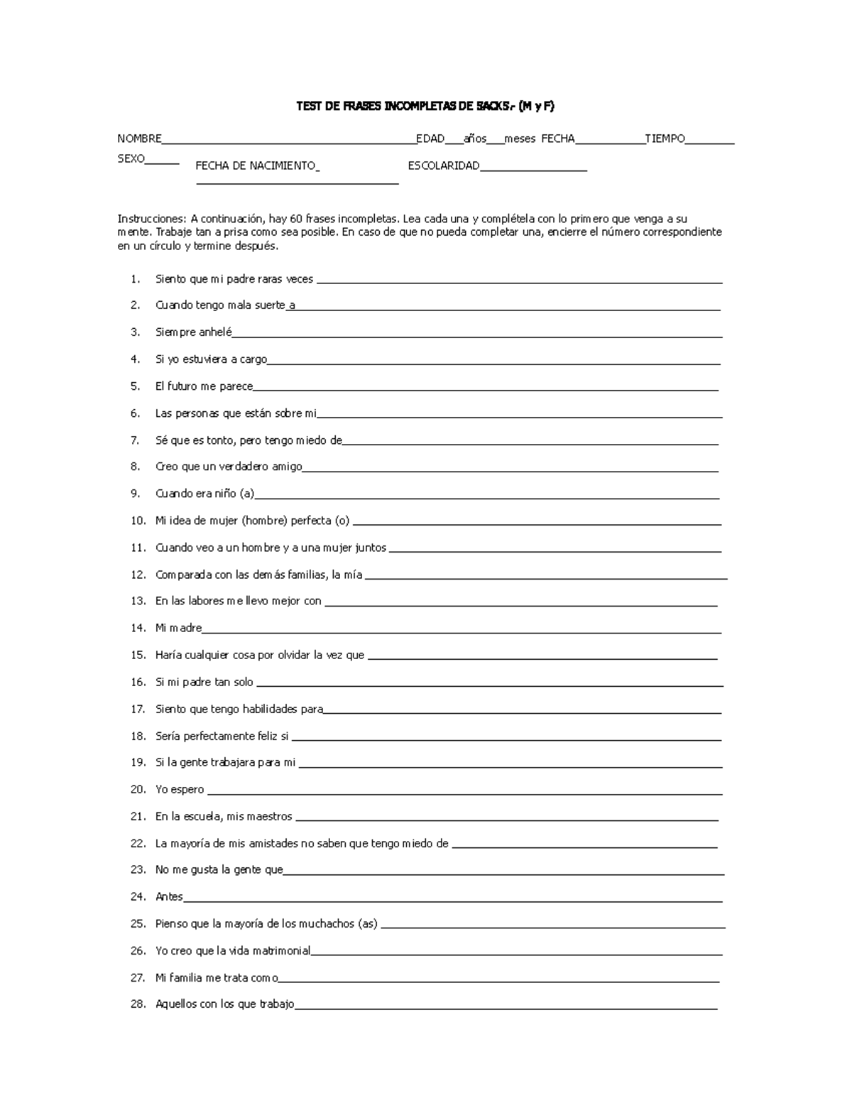 Test de frases Incompletas de Sacks para - TEST DE FRASES INCOMPLETAS ...