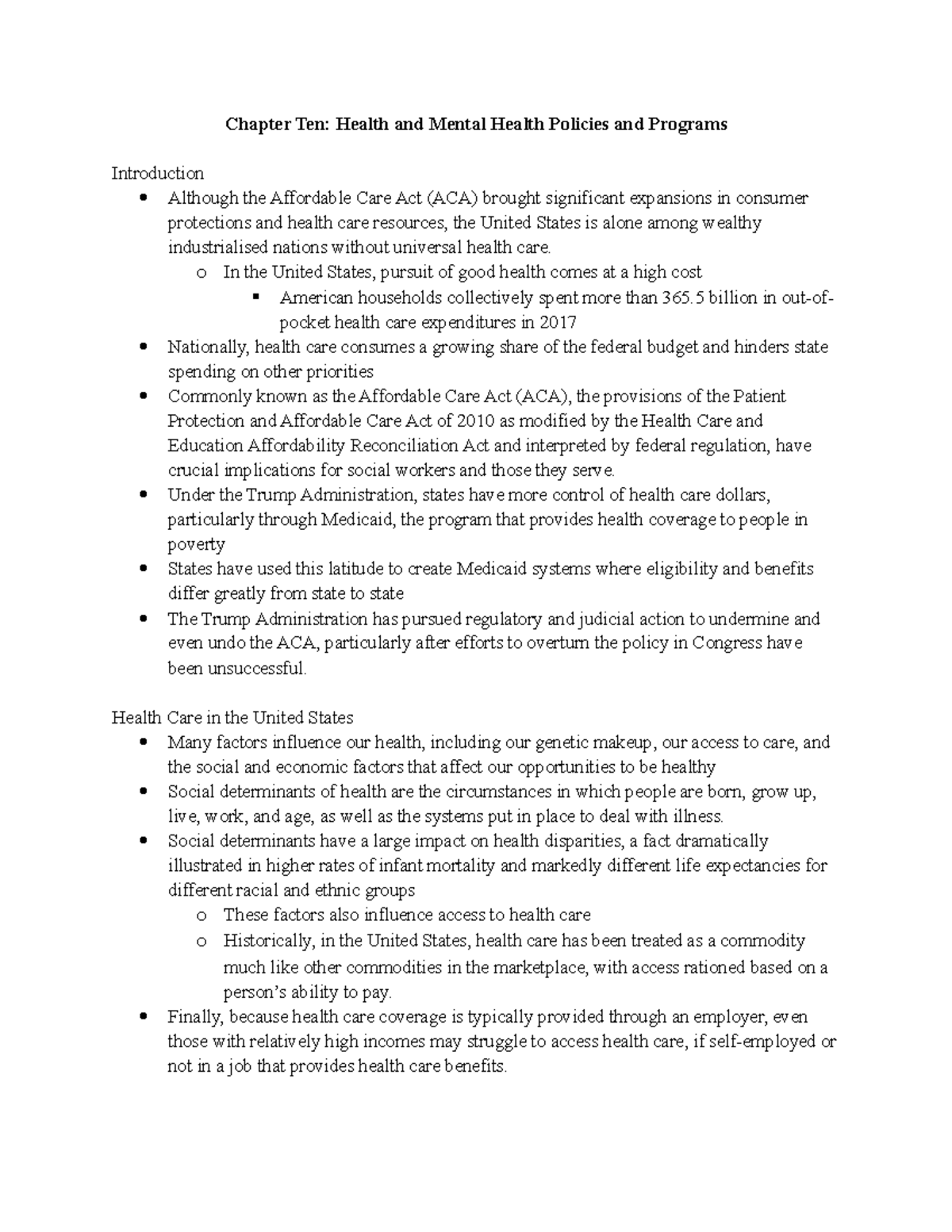 Chapter Ten Health and Mental Health Policies and Programs - Chapter ...