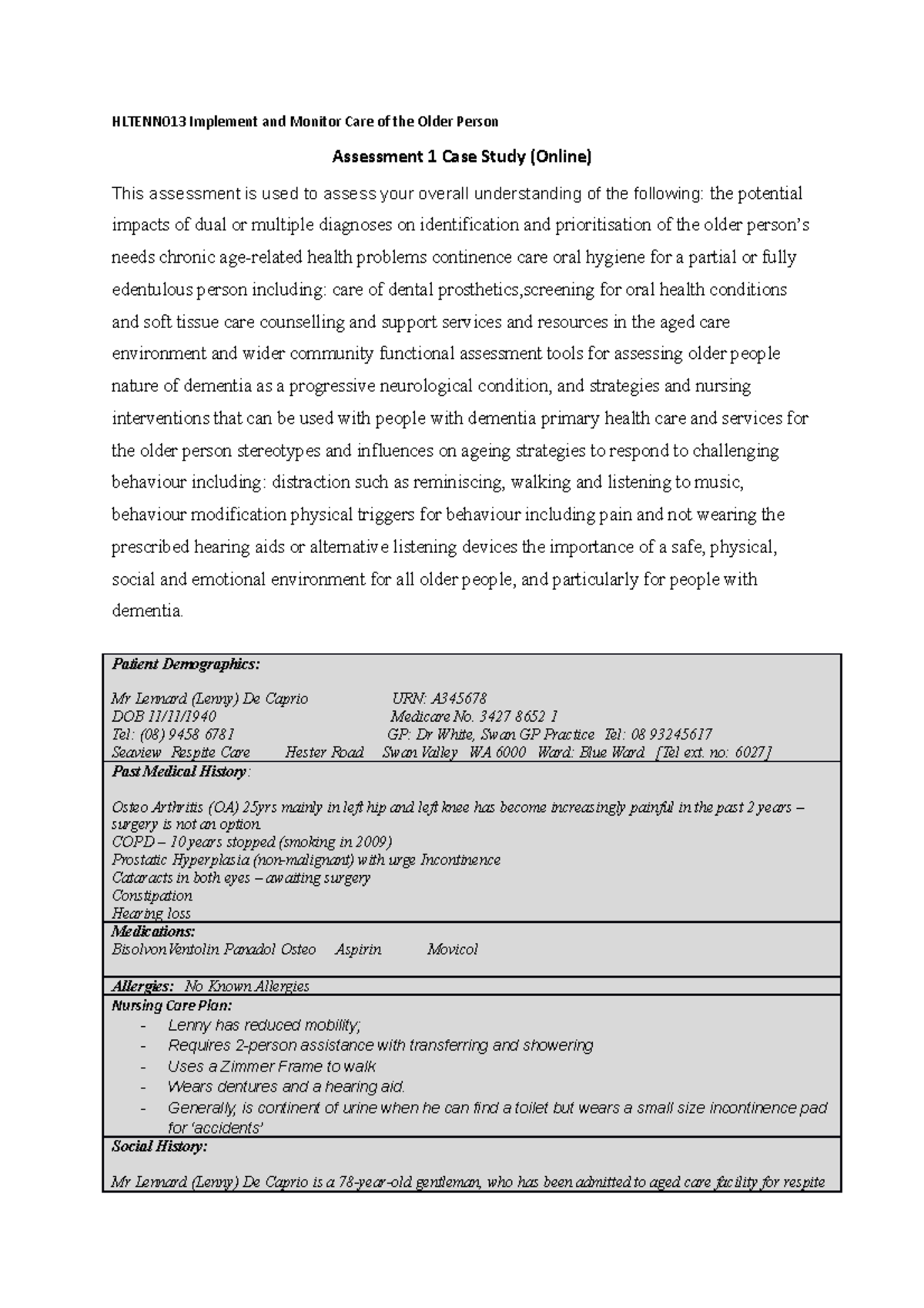 Hltenn 013 Assessment QS Implement and Monitor Care of the Older Person - HLTENN013 Implement ...