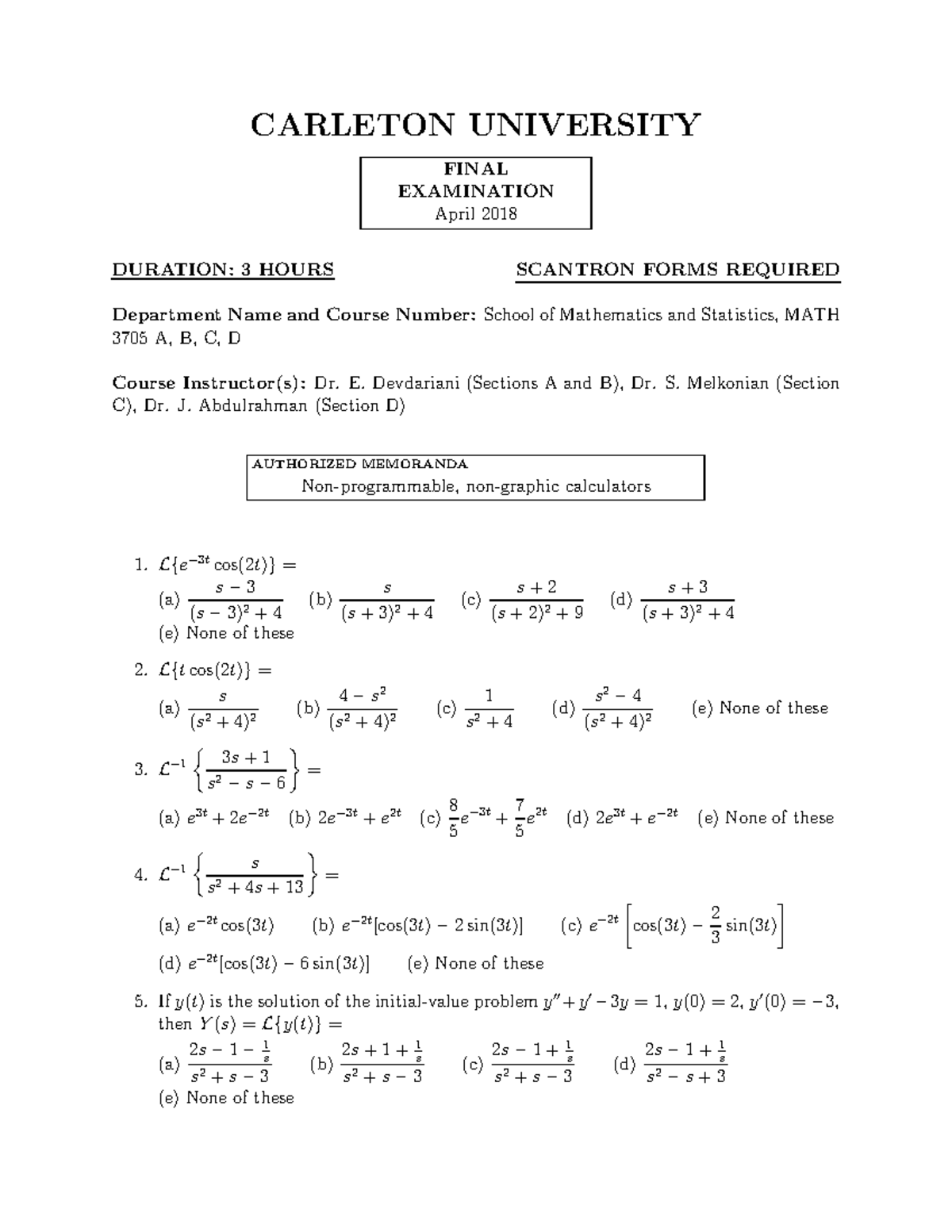 Review Win21 MATH3705Exam2018 w Answers NT - CARLETON UNIVERSITY FINAL ...