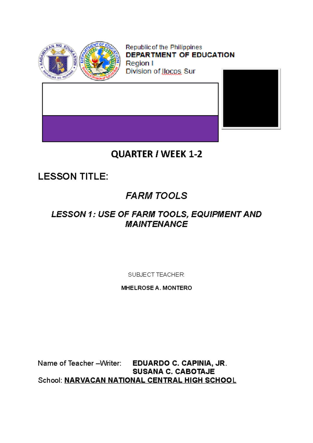 SLK-FARM- Tools - n/a - QUARTER I WEEK 1- LESSON TITLE: FARM TOOLS ...