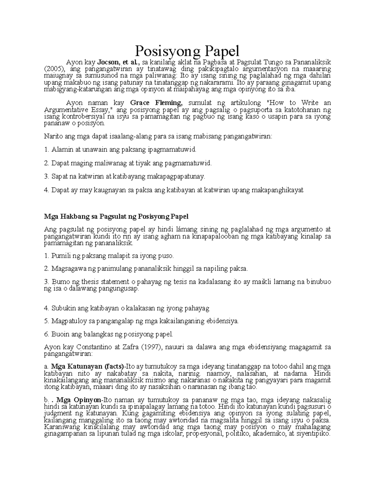 FPL- Reviewer- Finalll - Posisyong Papel Ayon kay Jocson, et al., sa kanilang aklat na Pagbasa ...