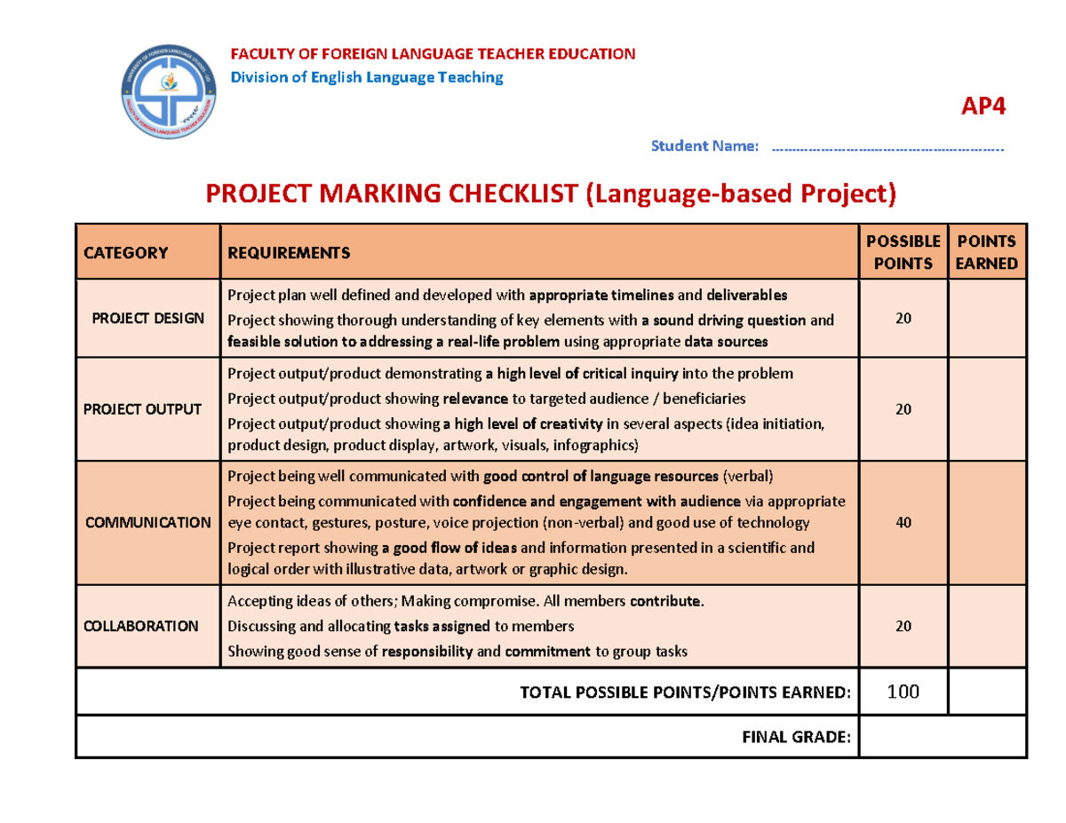 Language- Based Project Marking Checklist - FACULTY OF FOREIGN LANGUAGE ...