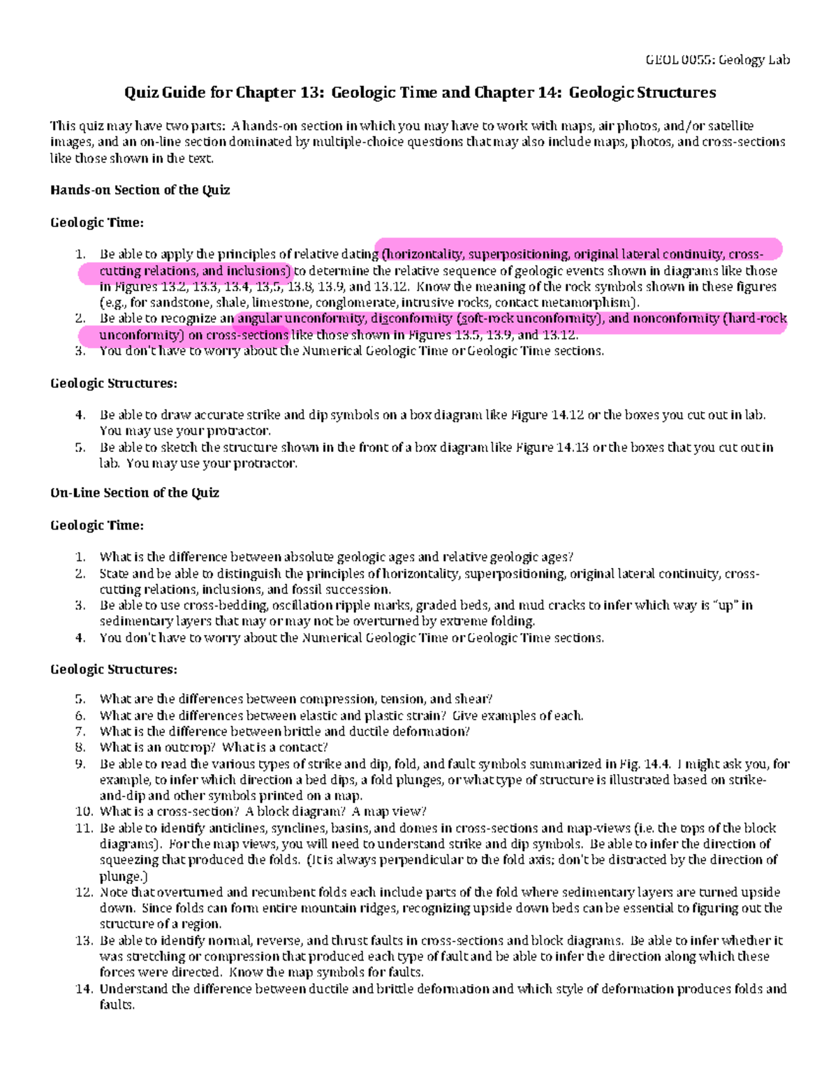 10+Quiz+Guide+for+Chs+13+14+Time+and+Structures - GEOL 0055: Geology ...