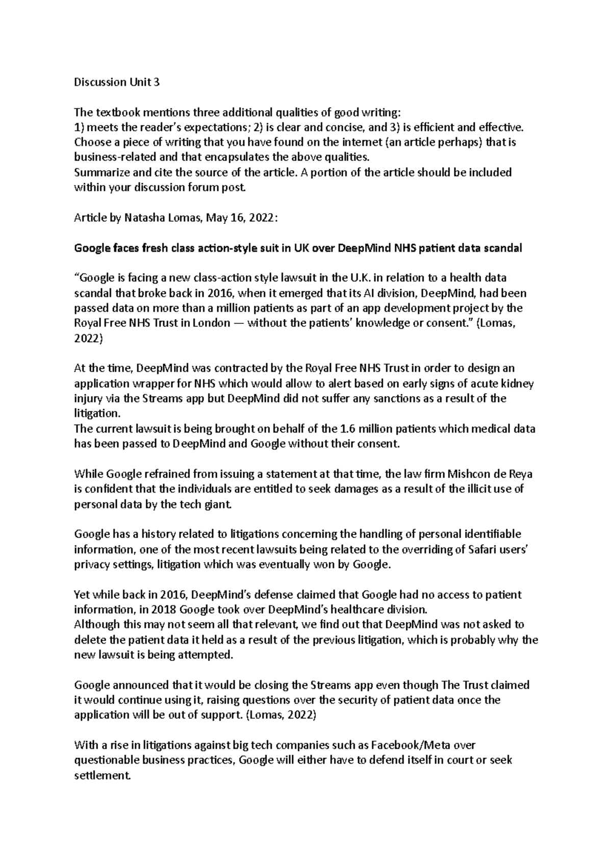 Discussion Unit 3 - Choose a piece of writing that you have found on ...