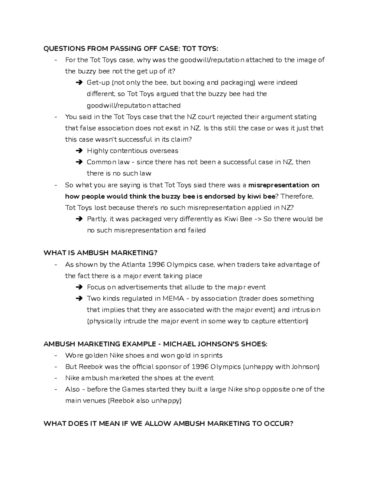 Lecture 9 - Ambush Marketing - QUESTIONS FROM PASSING OFF CASE: TOT ...