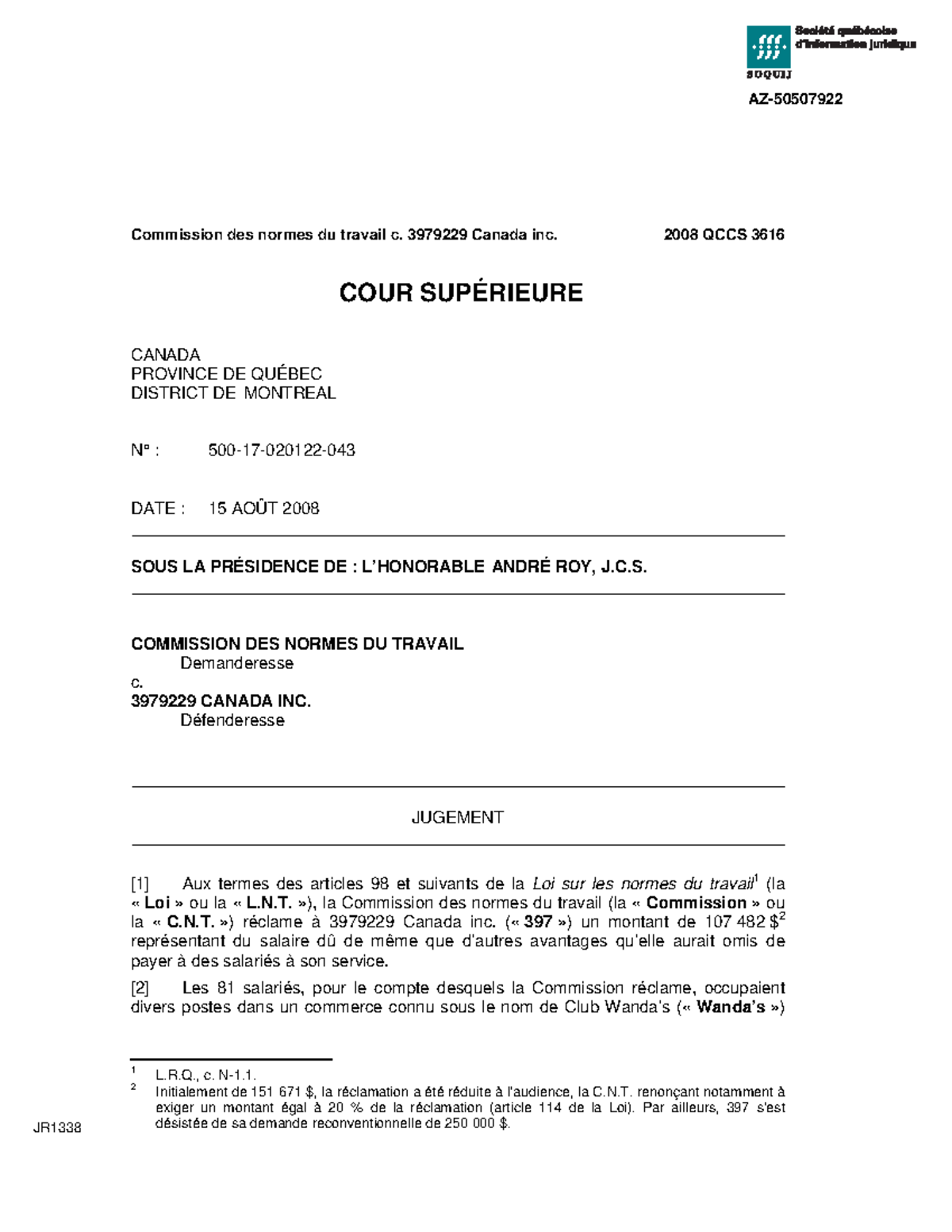 Commission des normes du travail c. 3979229 - Commission des normes du travail c. 3979229 Canada ...