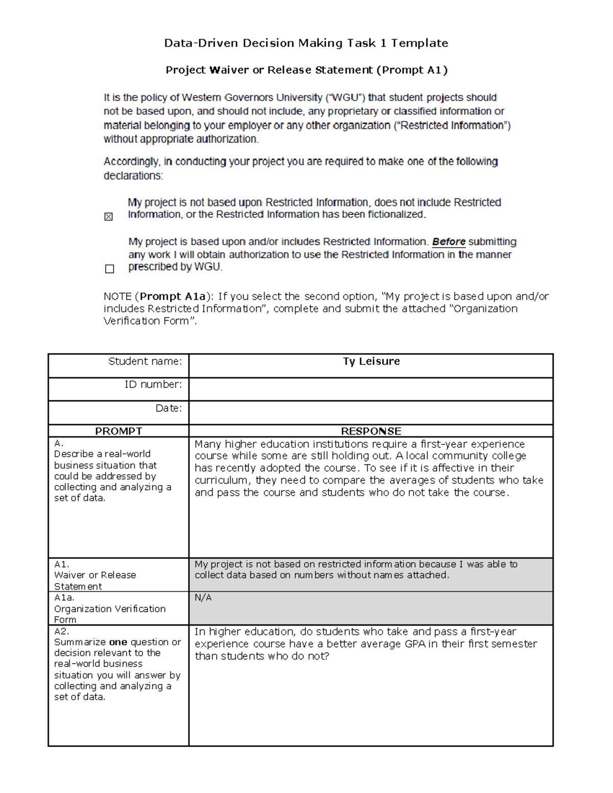 Task 1 Template for Research Paper - Data-Driven Decision Making Task 1 ...
