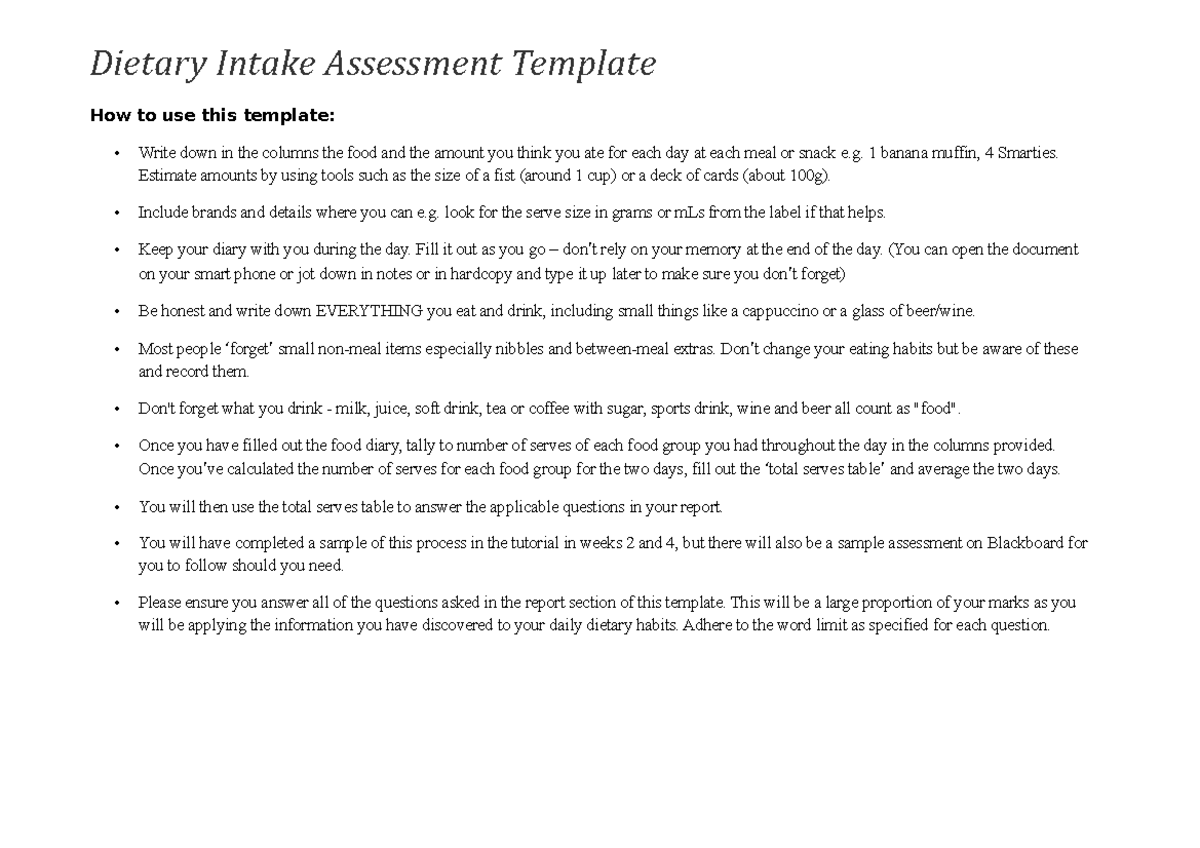 Jeremy's Dietary Assessment - Dietary Intake Assessment Template How to ...