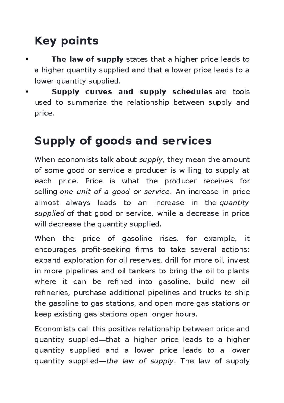 LAW OF Supply 1 3 - Key points The law of supply states that a higher ...