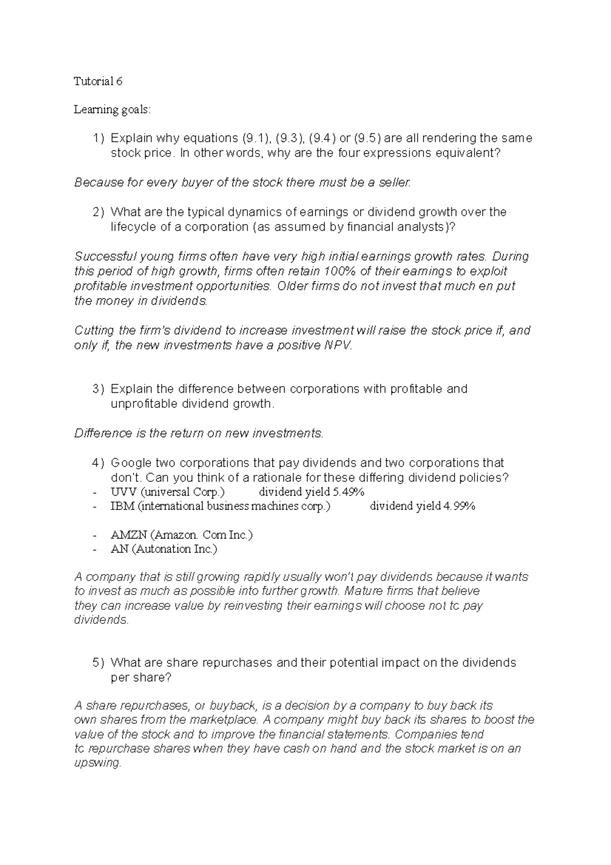 Tutorial 6 - Tutorial 6 Learning goals: 1) Explain why equations (9 ...