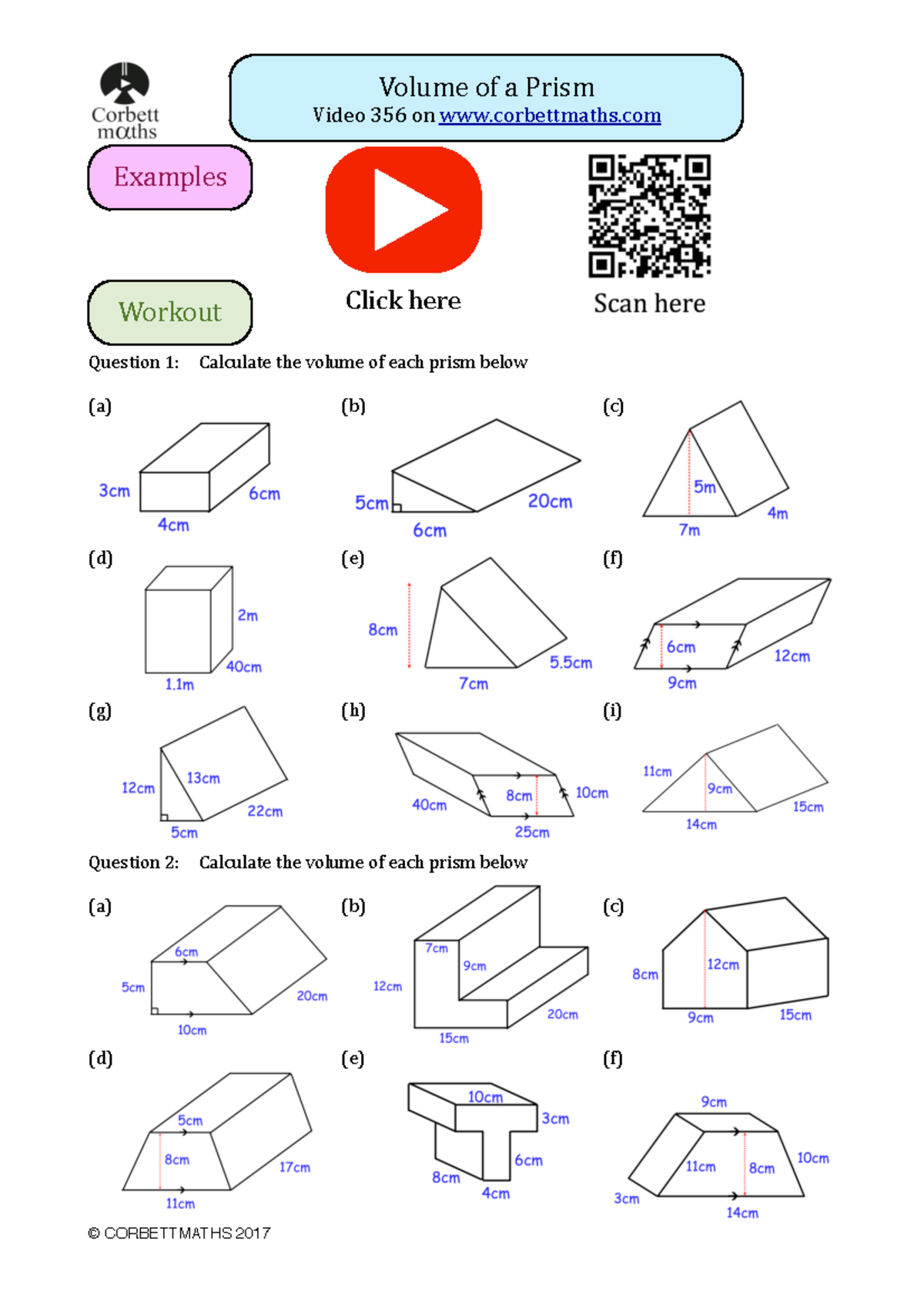 Volume of a prism pdf1 - ! Volume of a Prism Video 356 on corbettmaths Question 1: Calculate the ...