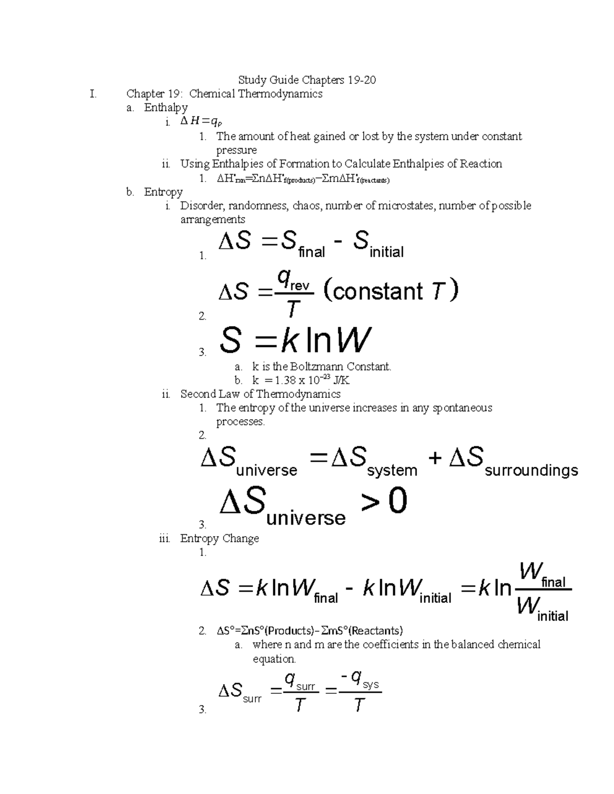 Study Guide Chapters 19-20 v2 - Study Guide Chapters 19- I. Chapter 19: Chemical Thermodynamics ...