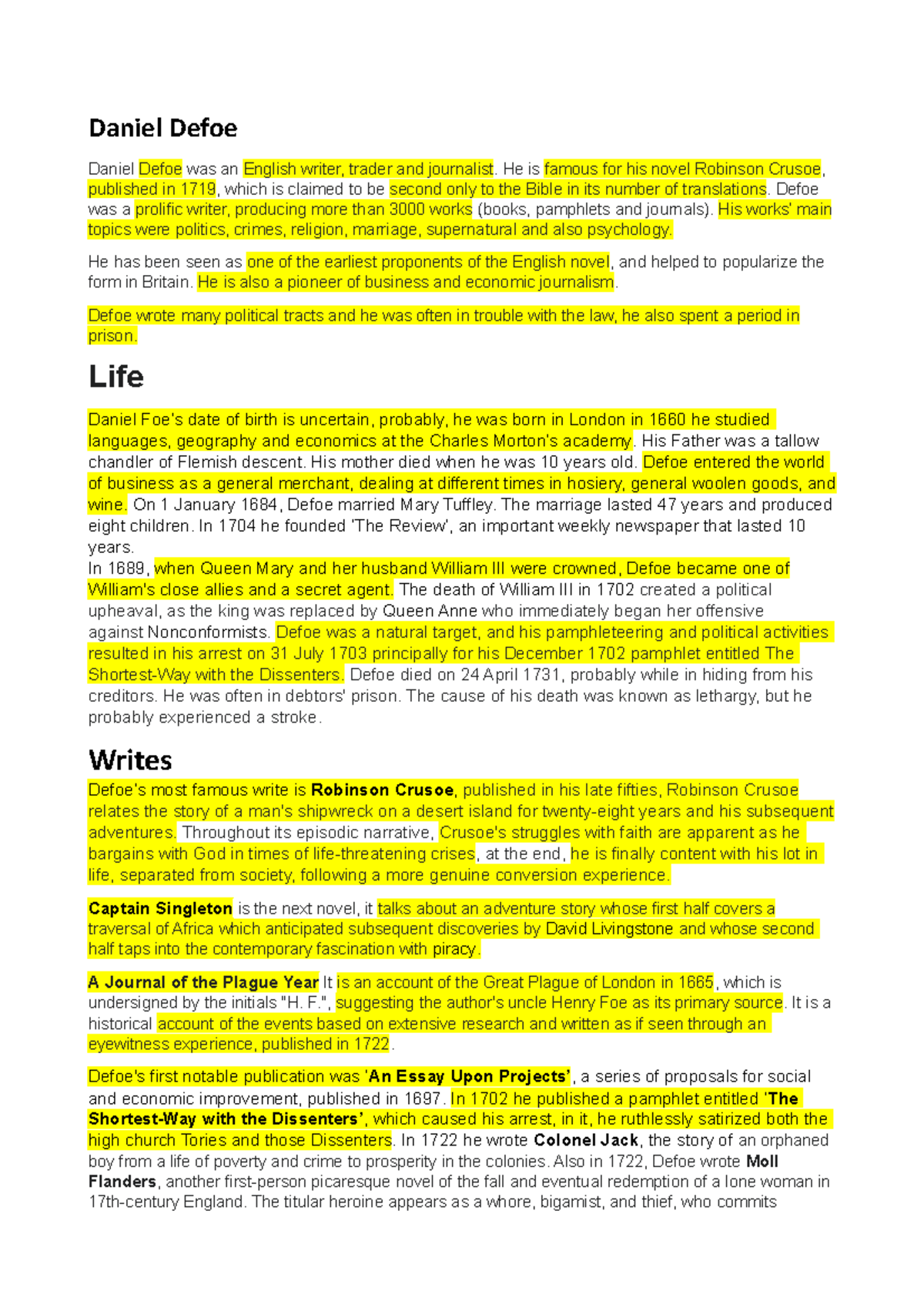 Daniel Defoe riassunto - Daniel Defoe Daniel Defoe was an English ...