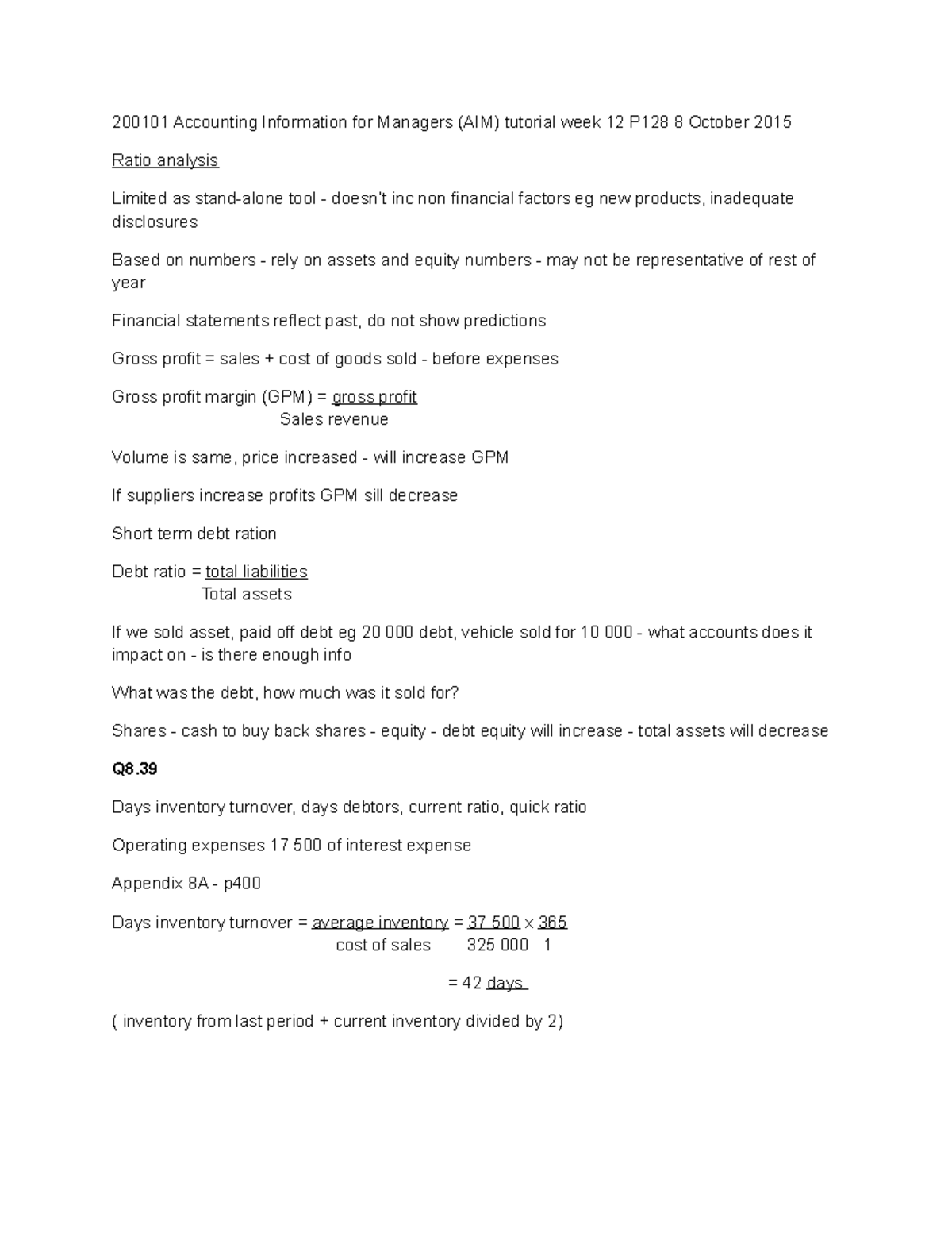 Ratio analysis 2 - practice material - 200101 Accounting Information ...