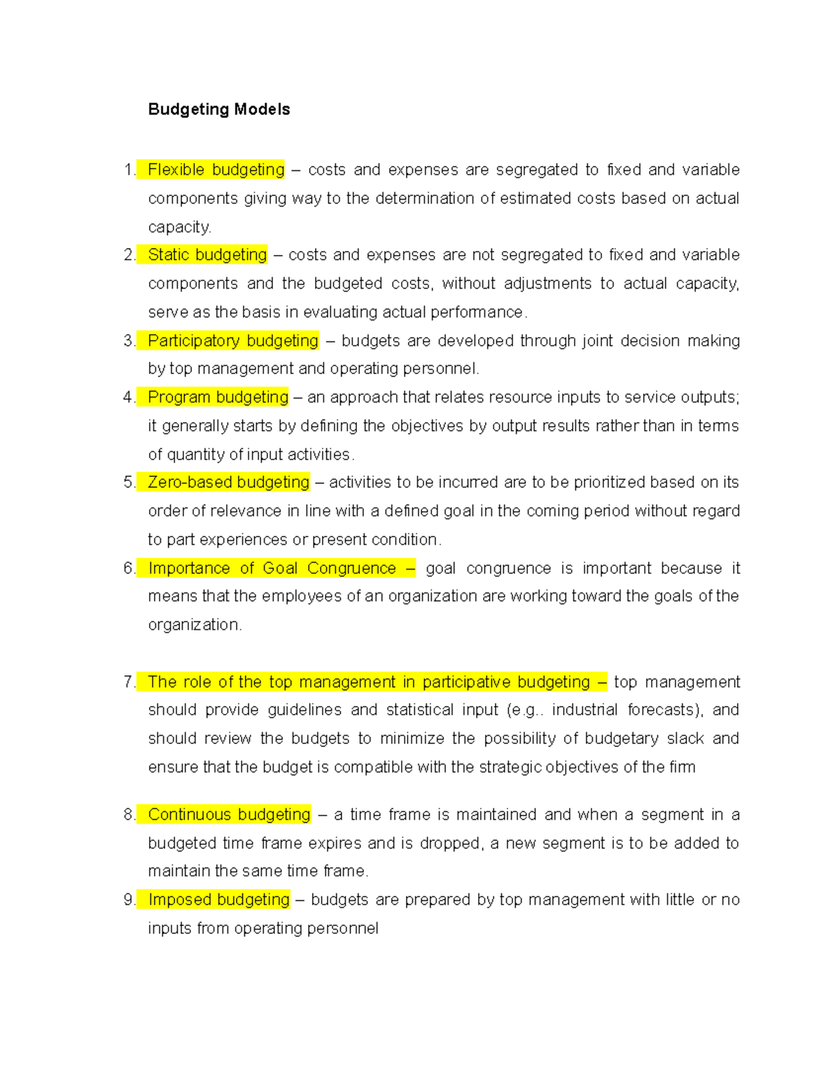 Performance Management System- QUIZ-2 - Budgeting Models Flexible ...