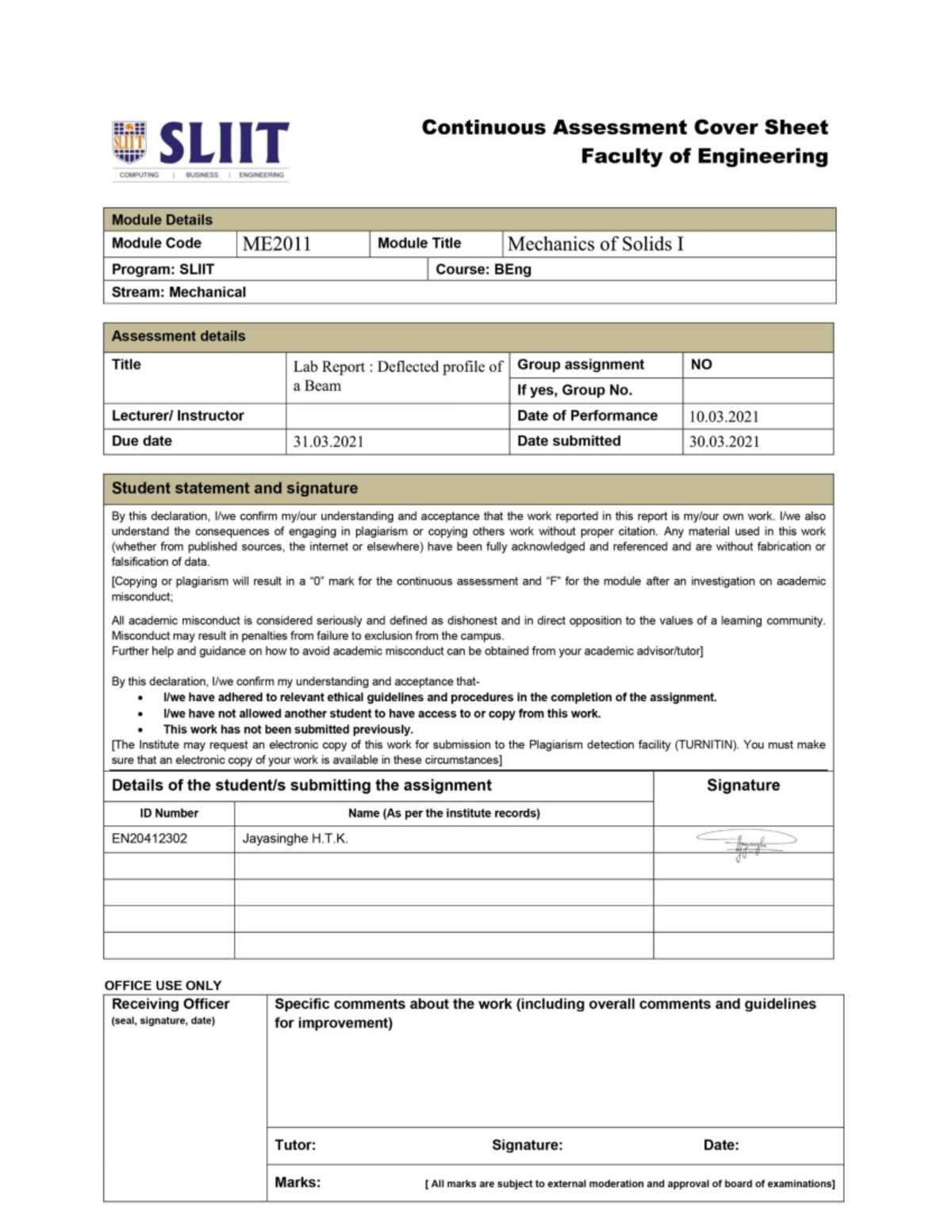 EN20412302 Deflected Profile of a Beam - Sri Lanka Institute of ...