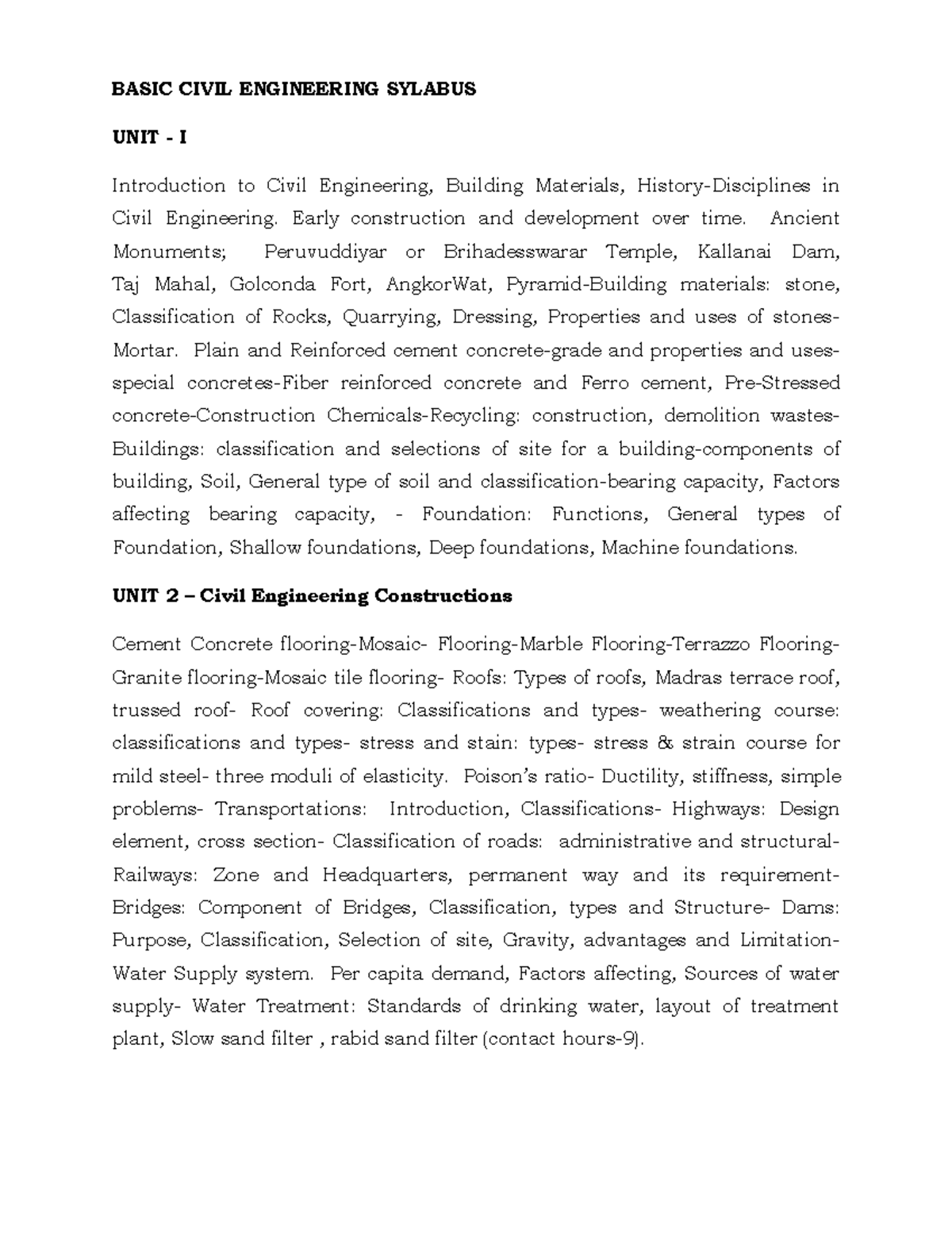 BCME UNIT 1 Q&A - QUESTIONS AND ANSWERS - BASIC CIVIL ENGINEERING SYLABUS UNIT I Introduction to ...