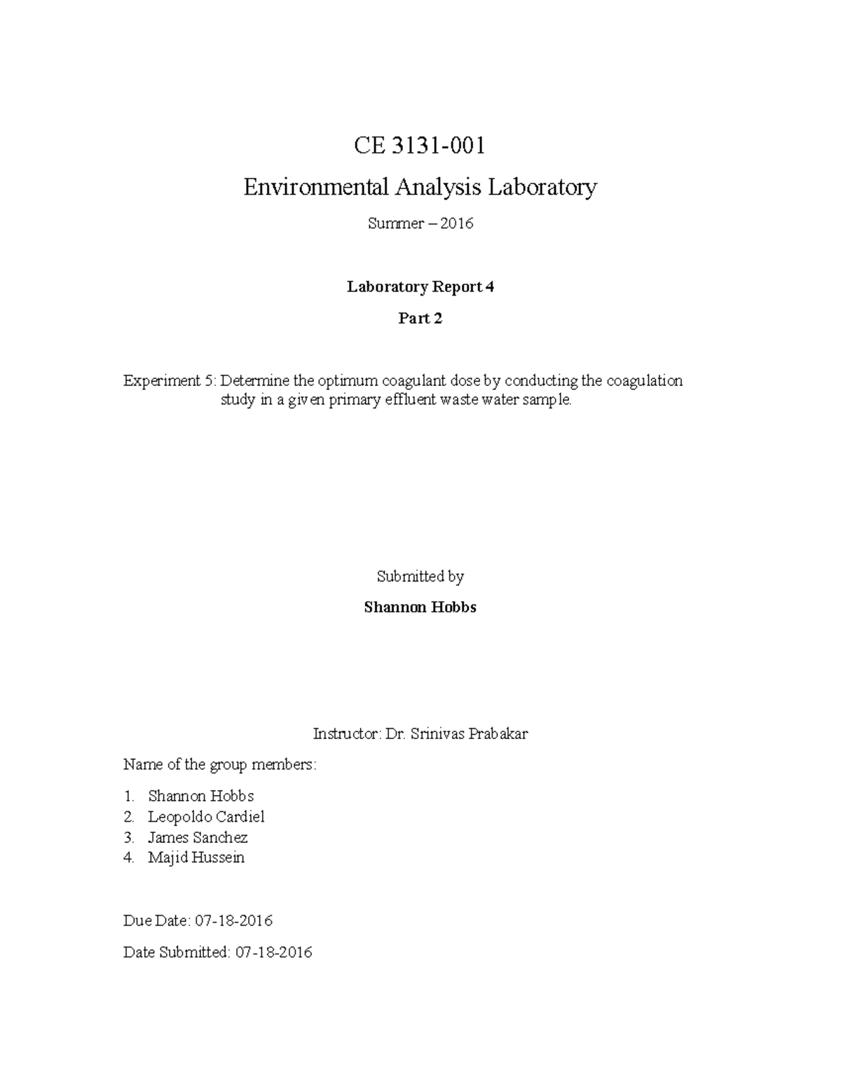 Report 4 Jar Testing - CE 3131-001 Environmental Analysis Laboratory ...