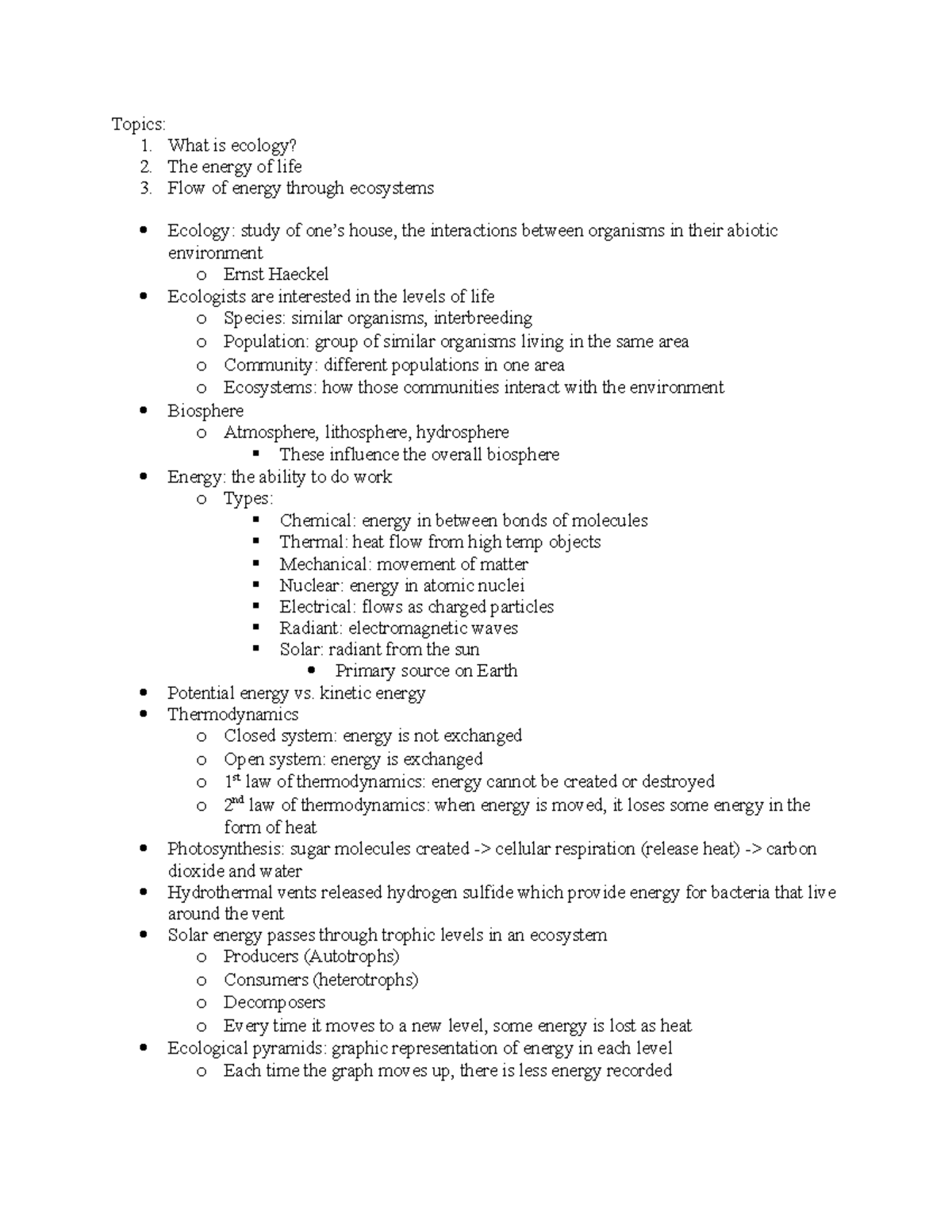 Ecosystems and energy - Topics: 1. What is ecology? 2. The energy of ...