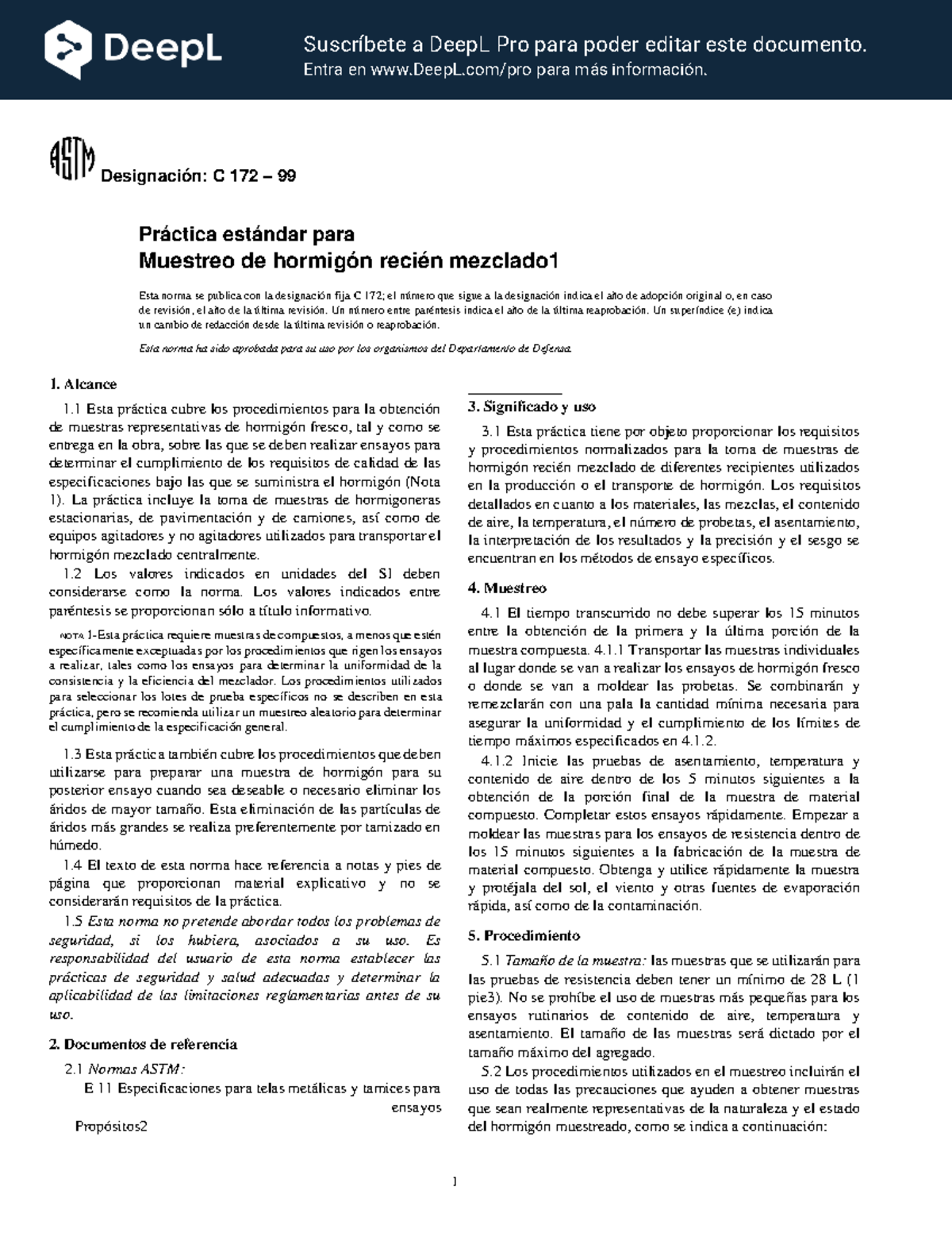 Práctica estándar para Muestreo de hormigón recién mezclado1 ASTM 172 ...
