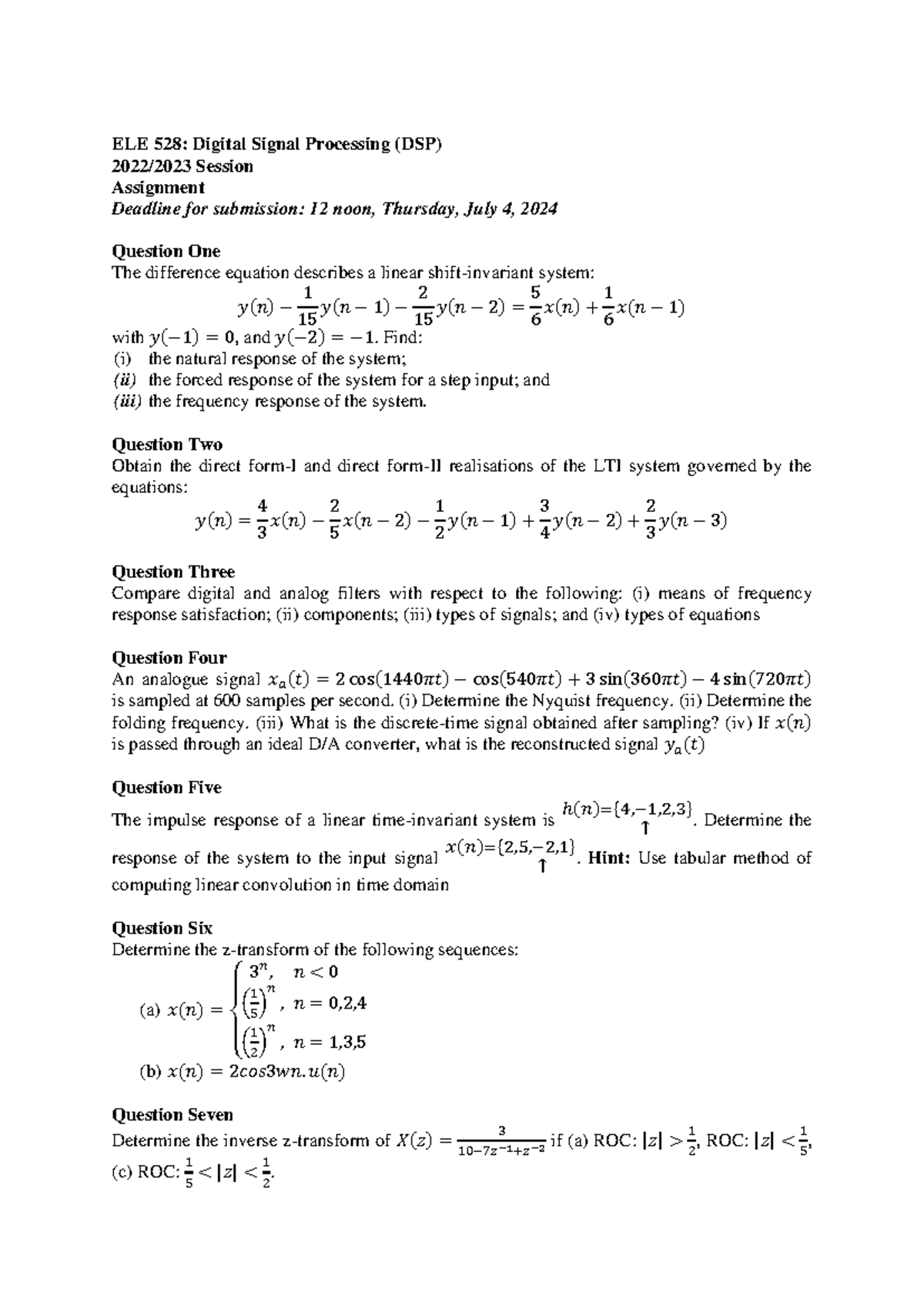 ELE 528-Test - This is an assignment as well as a test questions - ELE ...