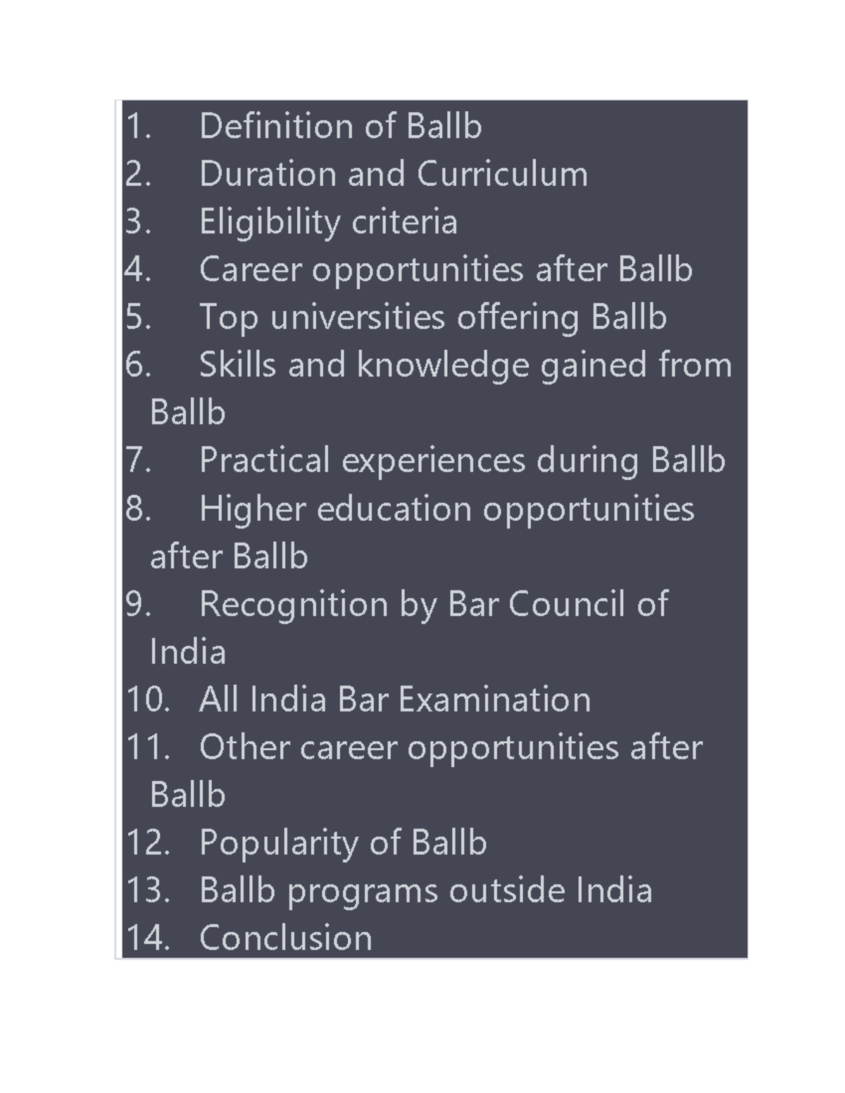 Ballb 1-4 - 1. Definition of Ballb 2. Duration and Curriculum 3 ...
