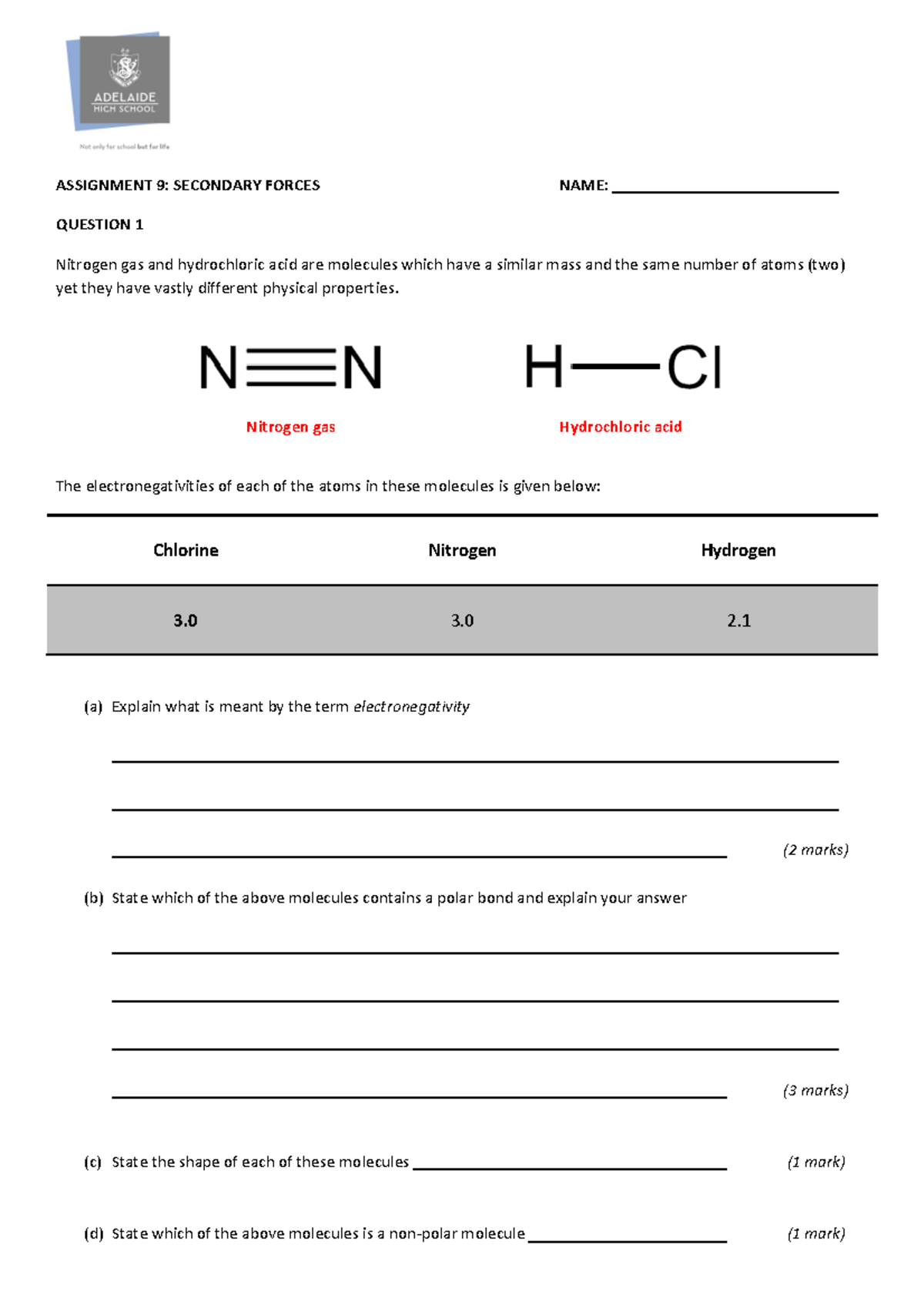 Assignment 9 Secondary forces - ASSIGNMENT 9: SECONDARY FORCES NAME ...